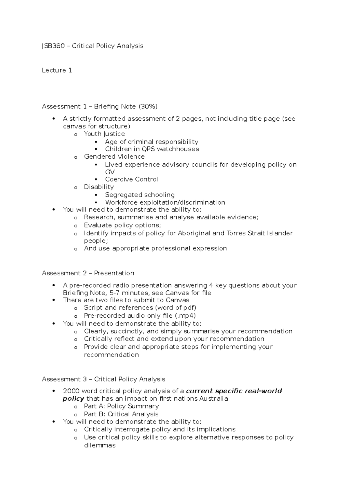 JSB380 - Lecture 1 - JSB380 – Critical Policy Analysis Lecture 1 ...