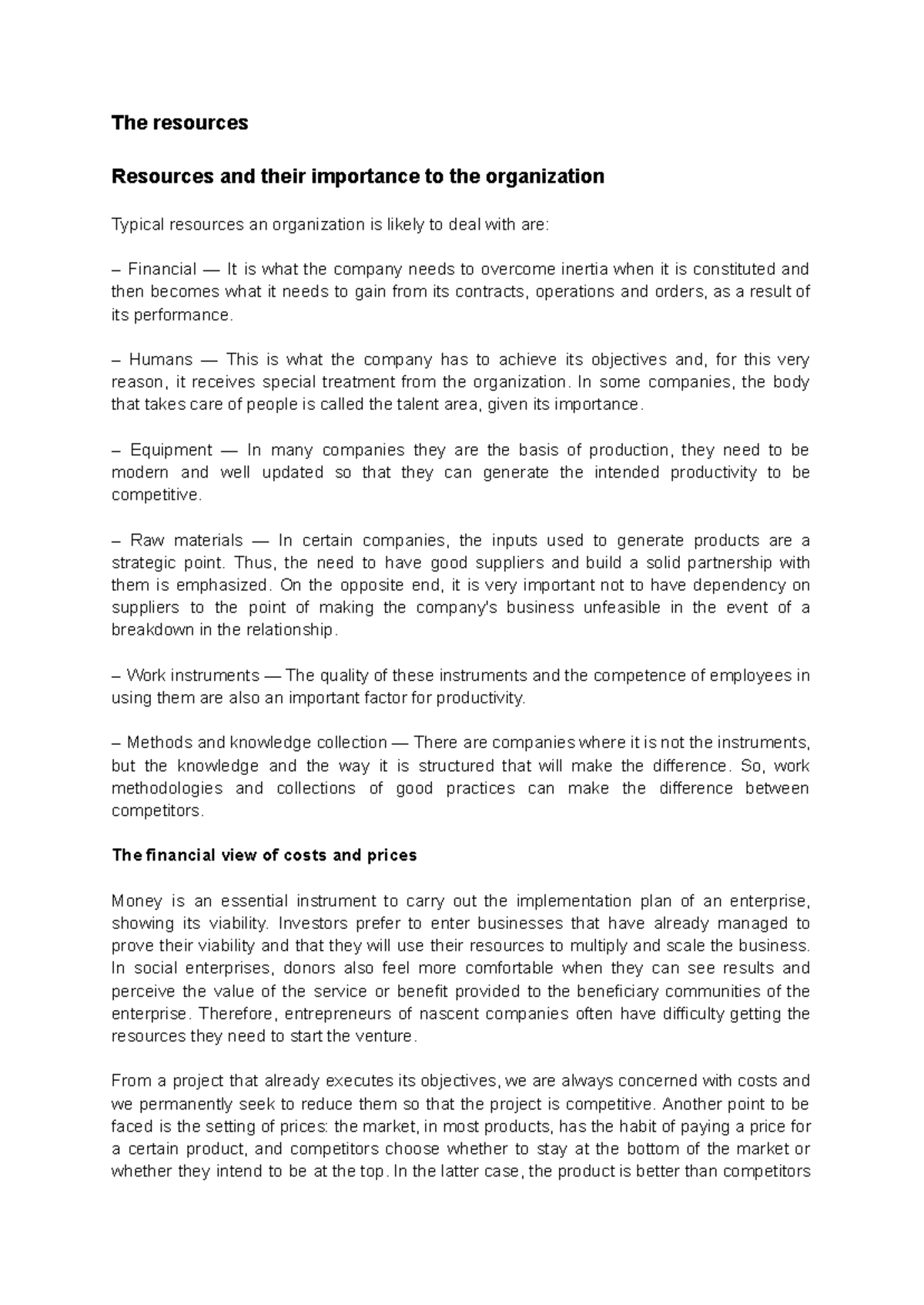 Important resources for organization. - The resources Resources and ...