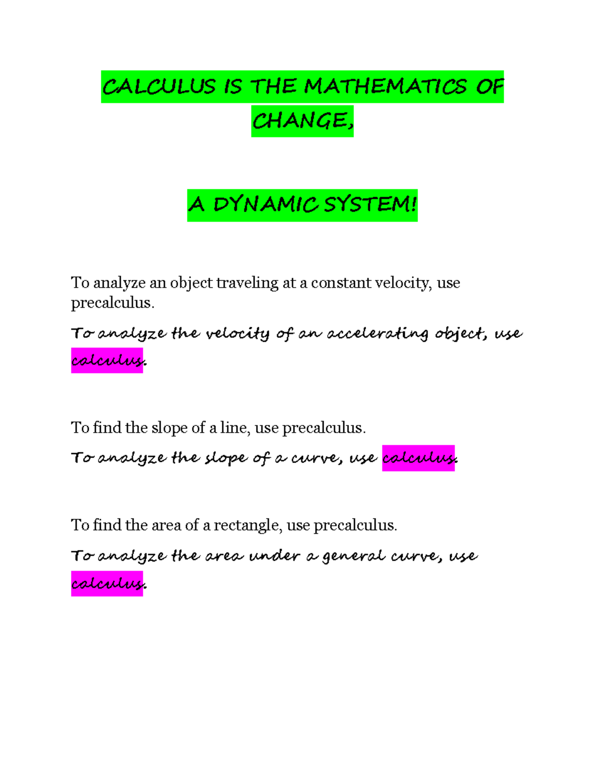 3.1 Notes - CALCULUS IS THE MATHEMATICS OF CHANGE, A DYNAMIC SYSTEM! To ...