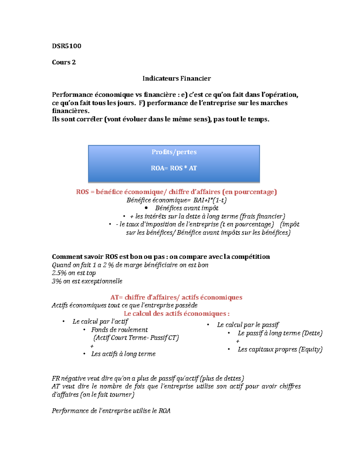 DSR5100 notes 2 - NOTE - DSR Cours 2 Indicateurs Financier Performance ...