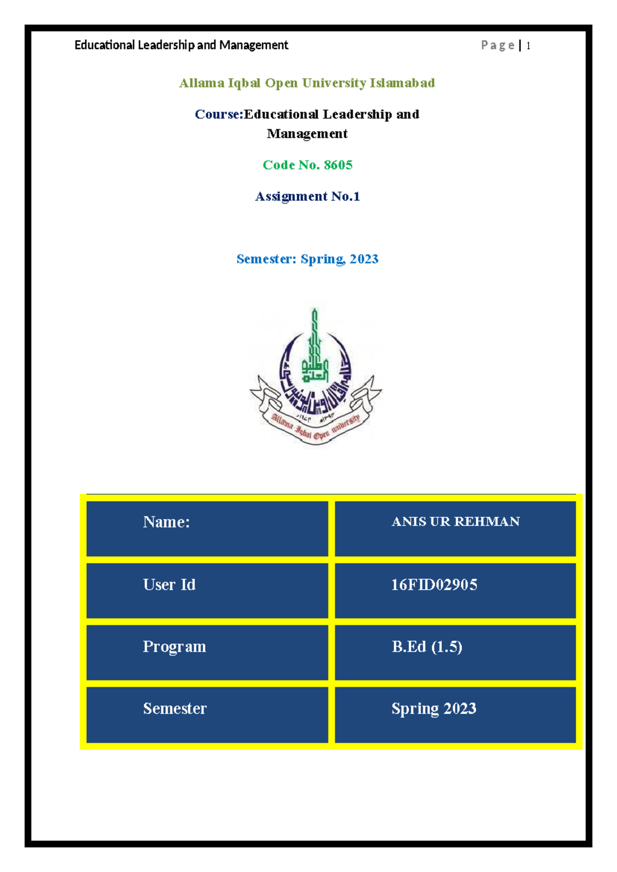 8605 1 - ASSINMENT OF BED COURSE - Allama Iqbal Open University ...