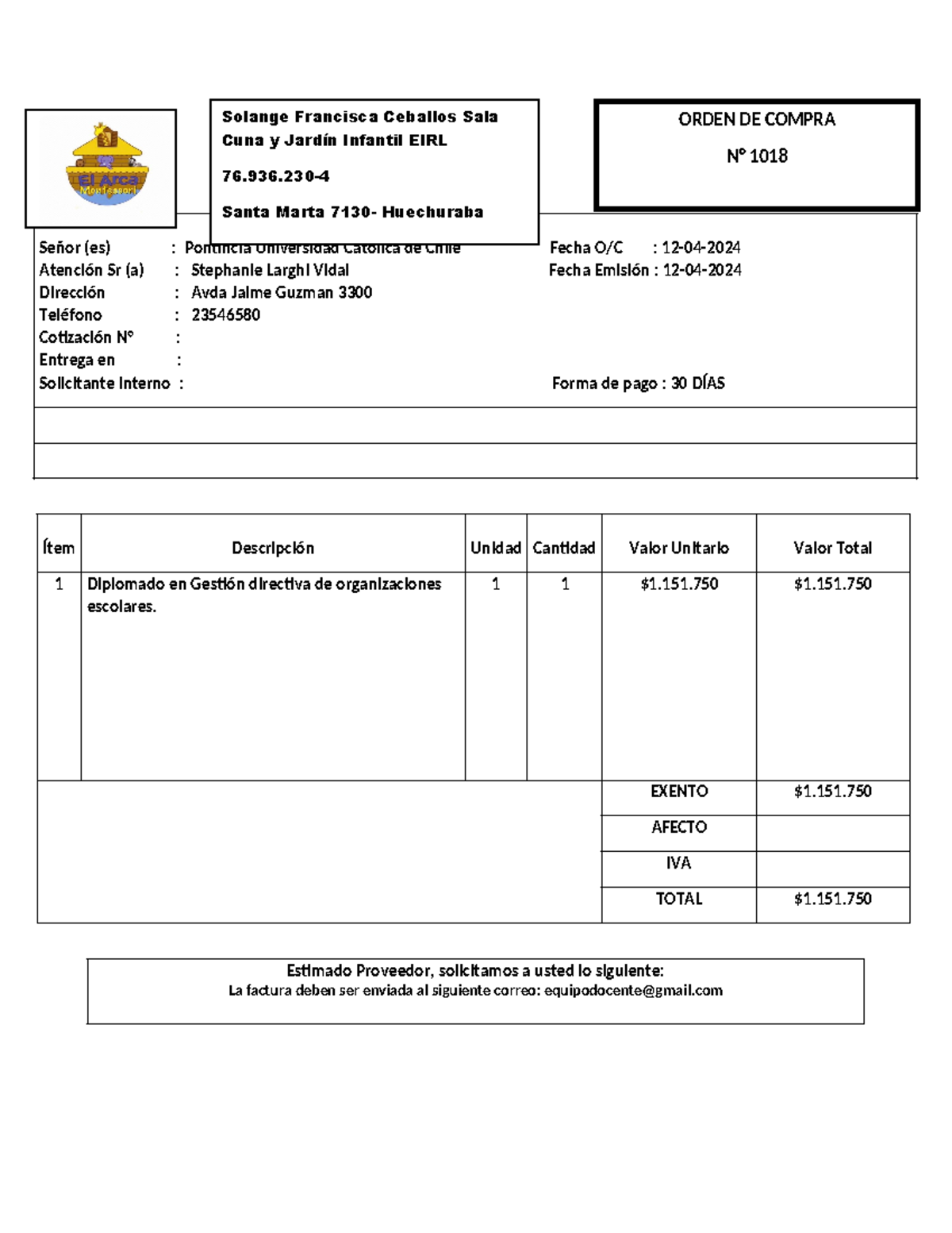 398138374-Formato-Oc - Señor (es) : Pontificia Universidad Católica de Chile Fecha O/C : 12-04 ...