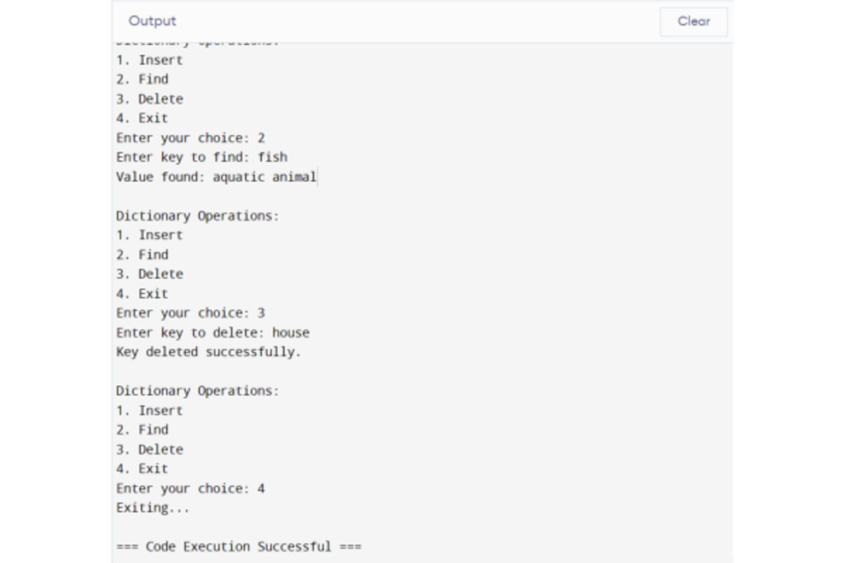 Data Structures And Algorithms Output Clear 1 Insert 2 Find 3 Delete 4 Exit Enter Your