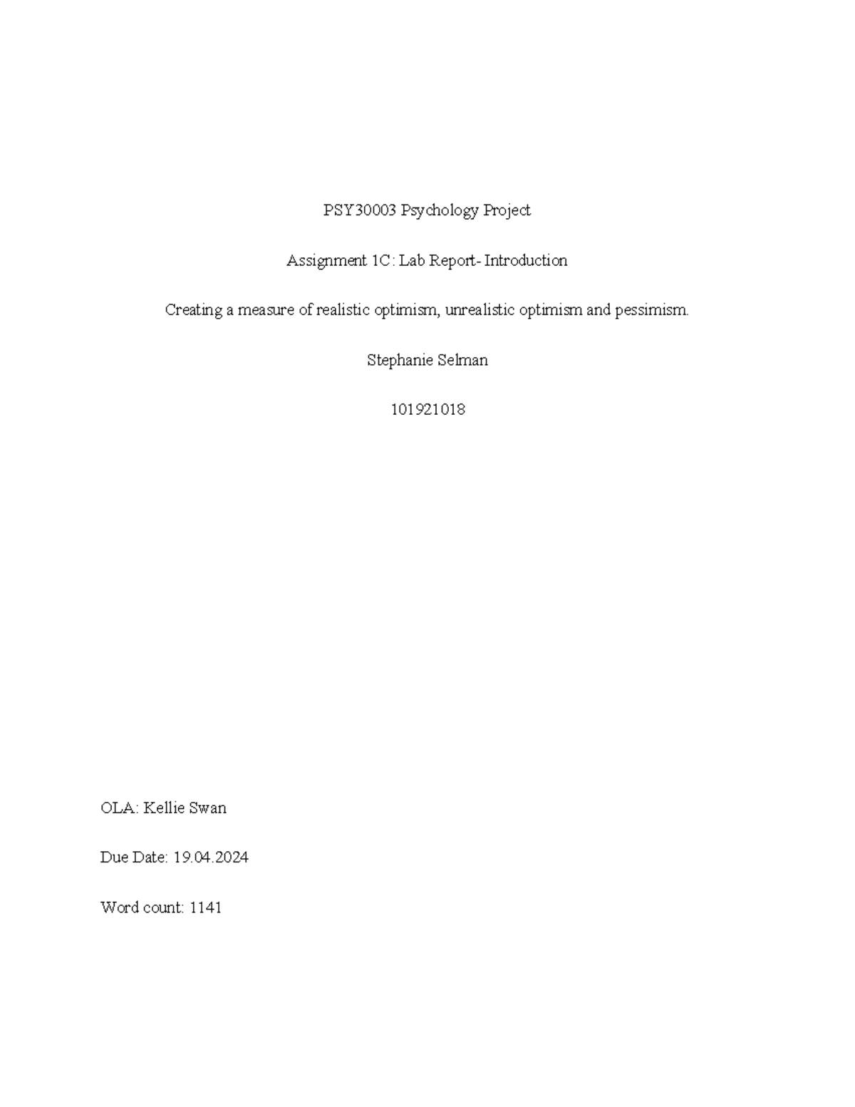 Assignment 1C introduction - PSY30003 Psychology Project Assignment 1C: Lab Report- Introduction ...