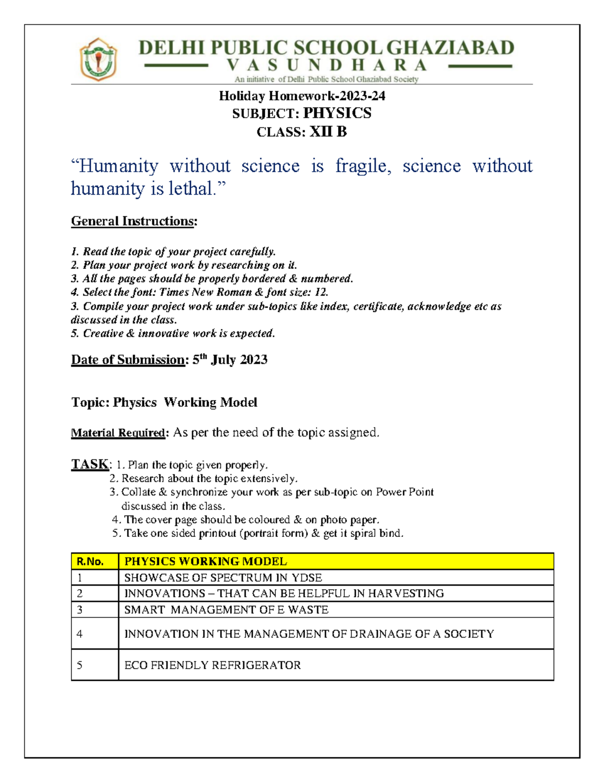 HHW Physics XII B 2023-24 - Holiday Homework-2023- SUBJECT: PHYSICS CLASS: XII B “Humanity ...