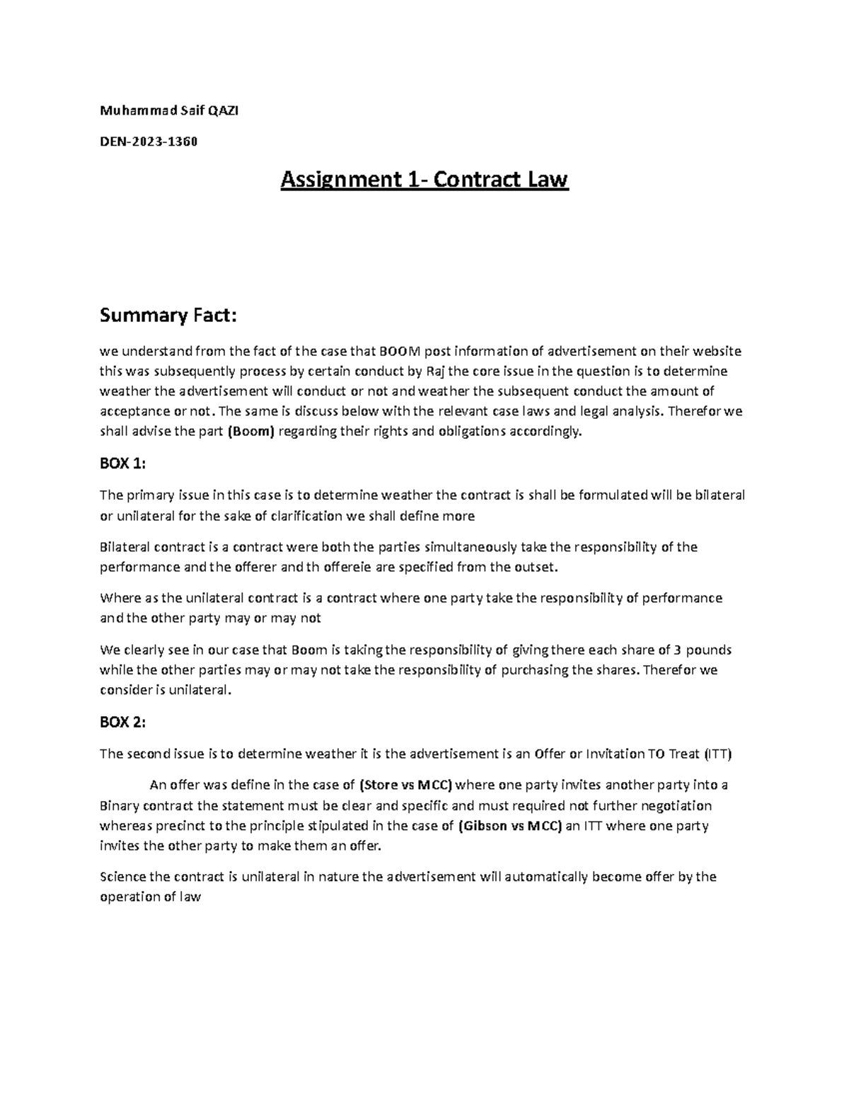 Contract law assignment - Muhammad Saif QAZI DEN-2023- Assignment 1- Contract Law Summary Fact ...