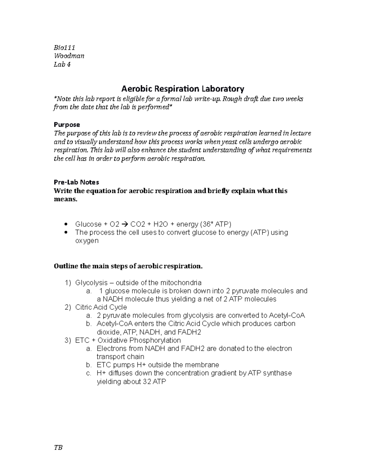 Aerobic Respiration Lab - Bio Woodman Lab 4 Aerobic Respiration ...