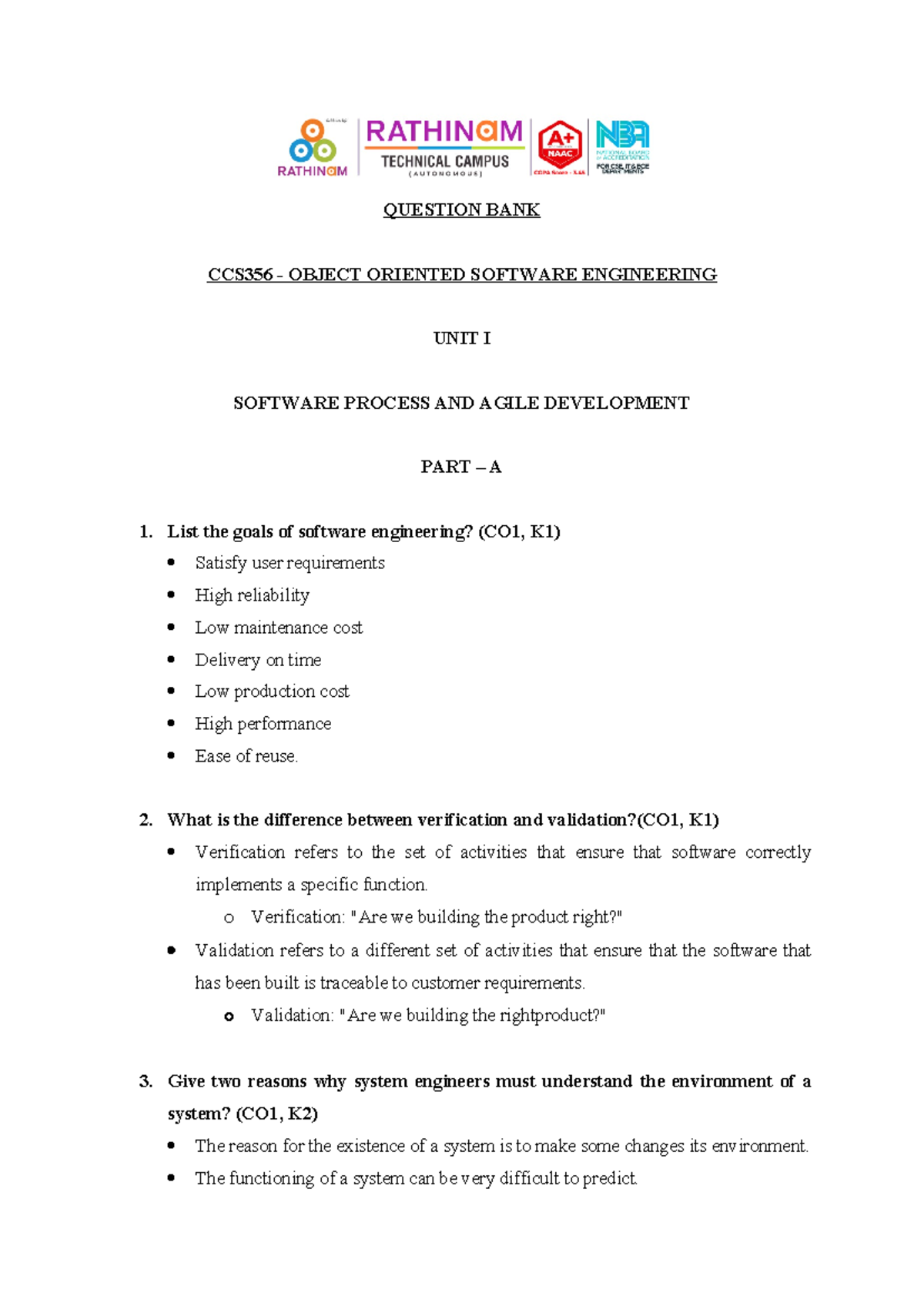 CCS356 - Object Oriented Software Engineering QB - QUESTION BANK CCS356 - OBJECT ORIENTED ...