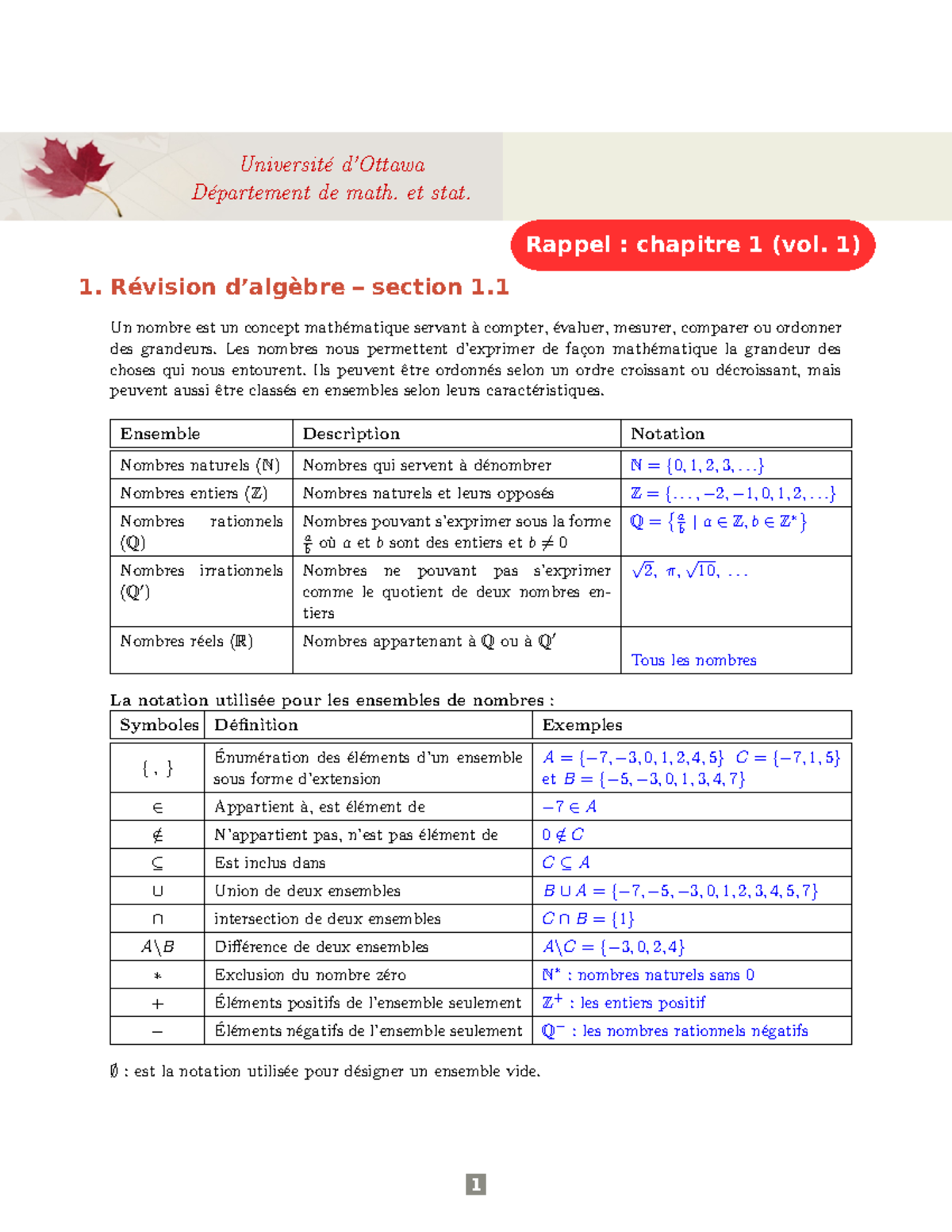 Rappel-prof - Cours - Rappel : chapitre 1 (vol. 1) Université d’Ottawa Département de math. et ...