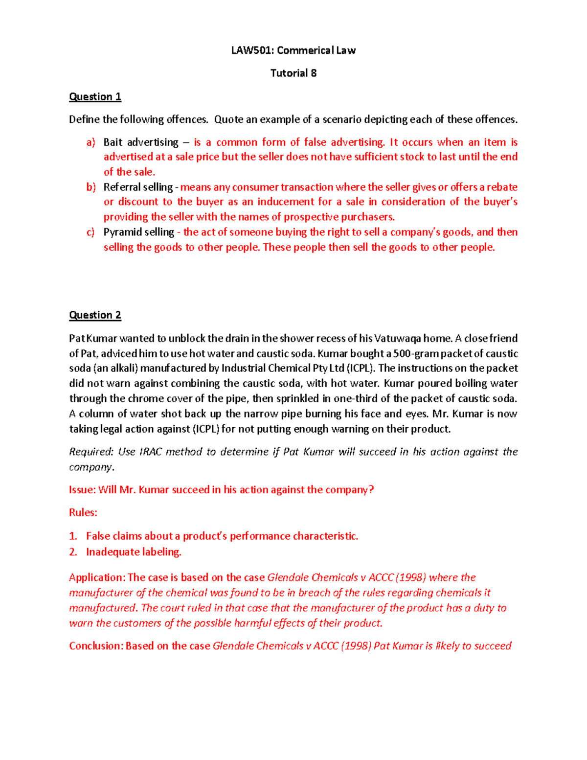 LAW501 Tutorial 8 Solution - LAW501: Commerical Law Tutorial 8 Question ...