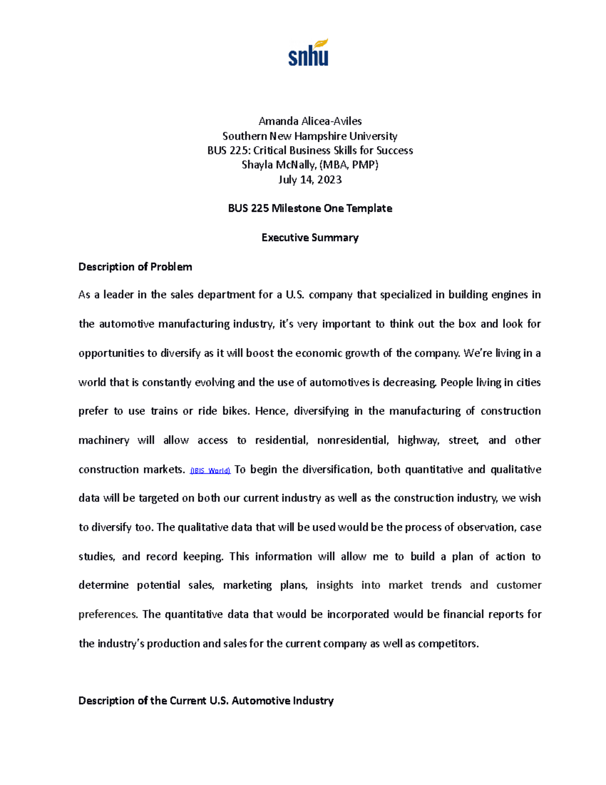 BUS 225 Project One Template (1) (1) - Amanda Alicea-Aviles Southern ...