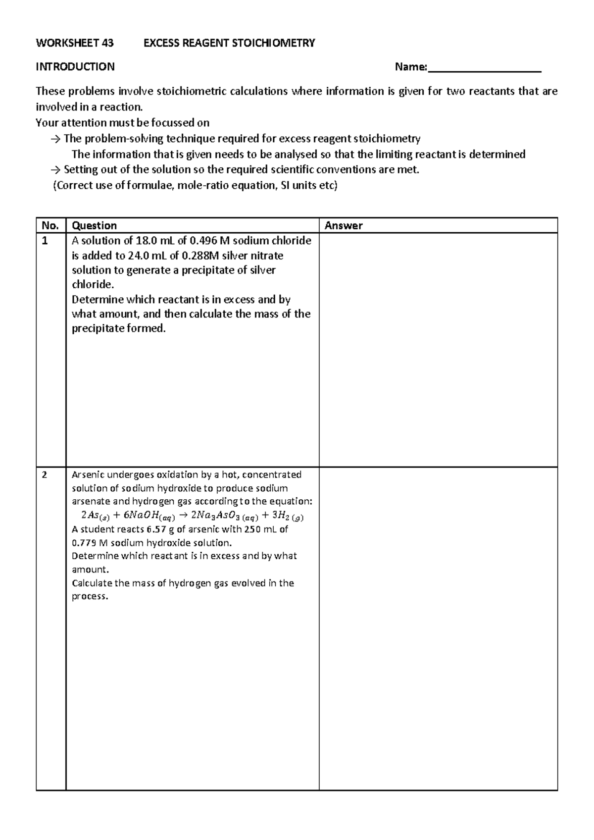 Worksheet 3 Excess Reagent Stoichiometry - WORKSHEET 43 EXCESS REAGENT ...