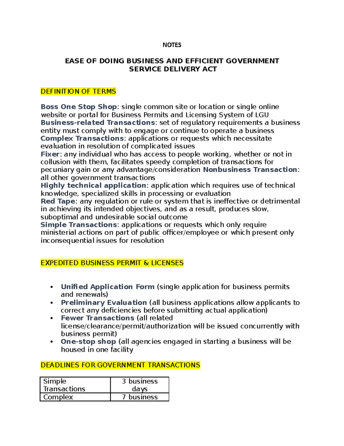 EASE OF Doing Business AND Efficient Government Service Delivery ACT ...