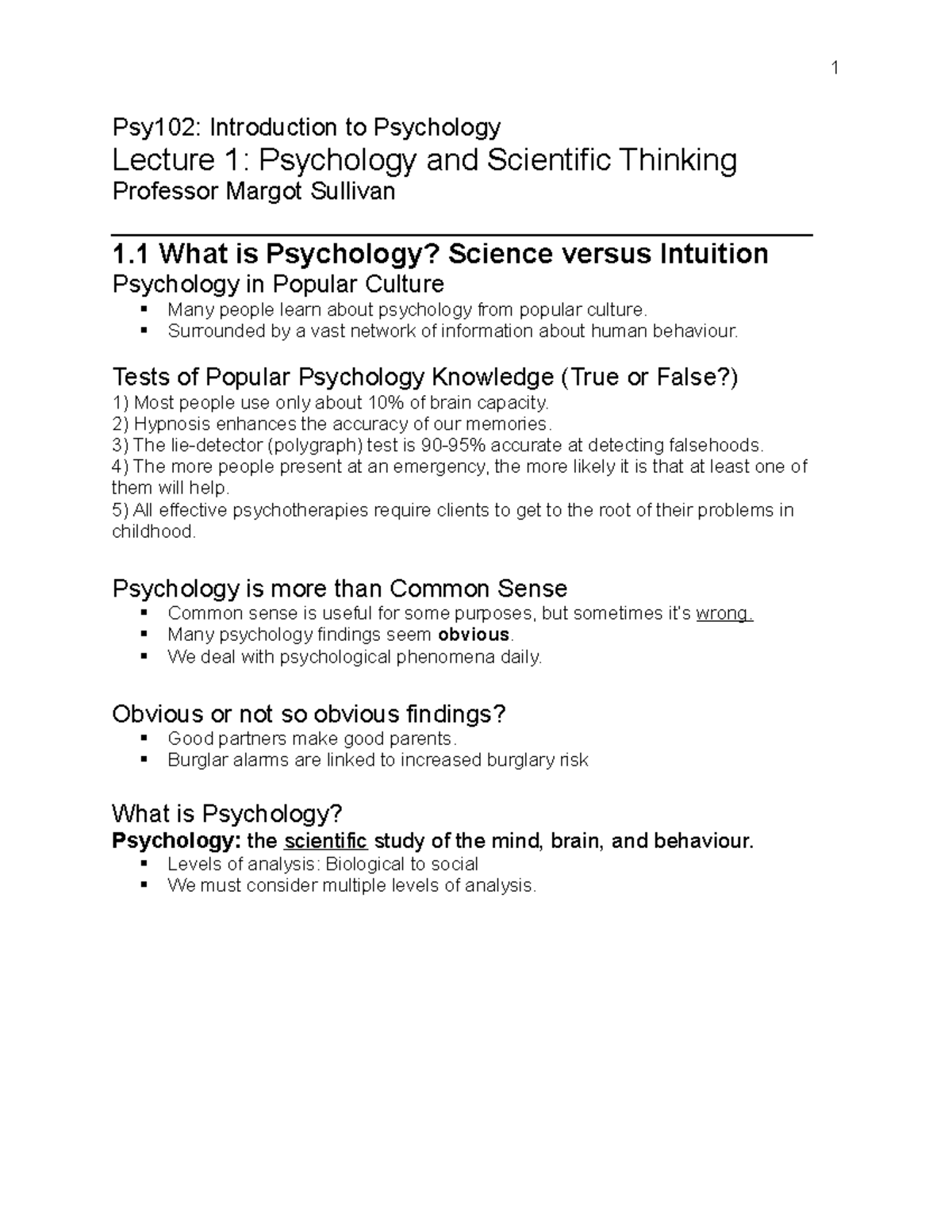 W23 PSY102 Notes 1 - Psy102: Introduction to Psychology Lecture 1 ...