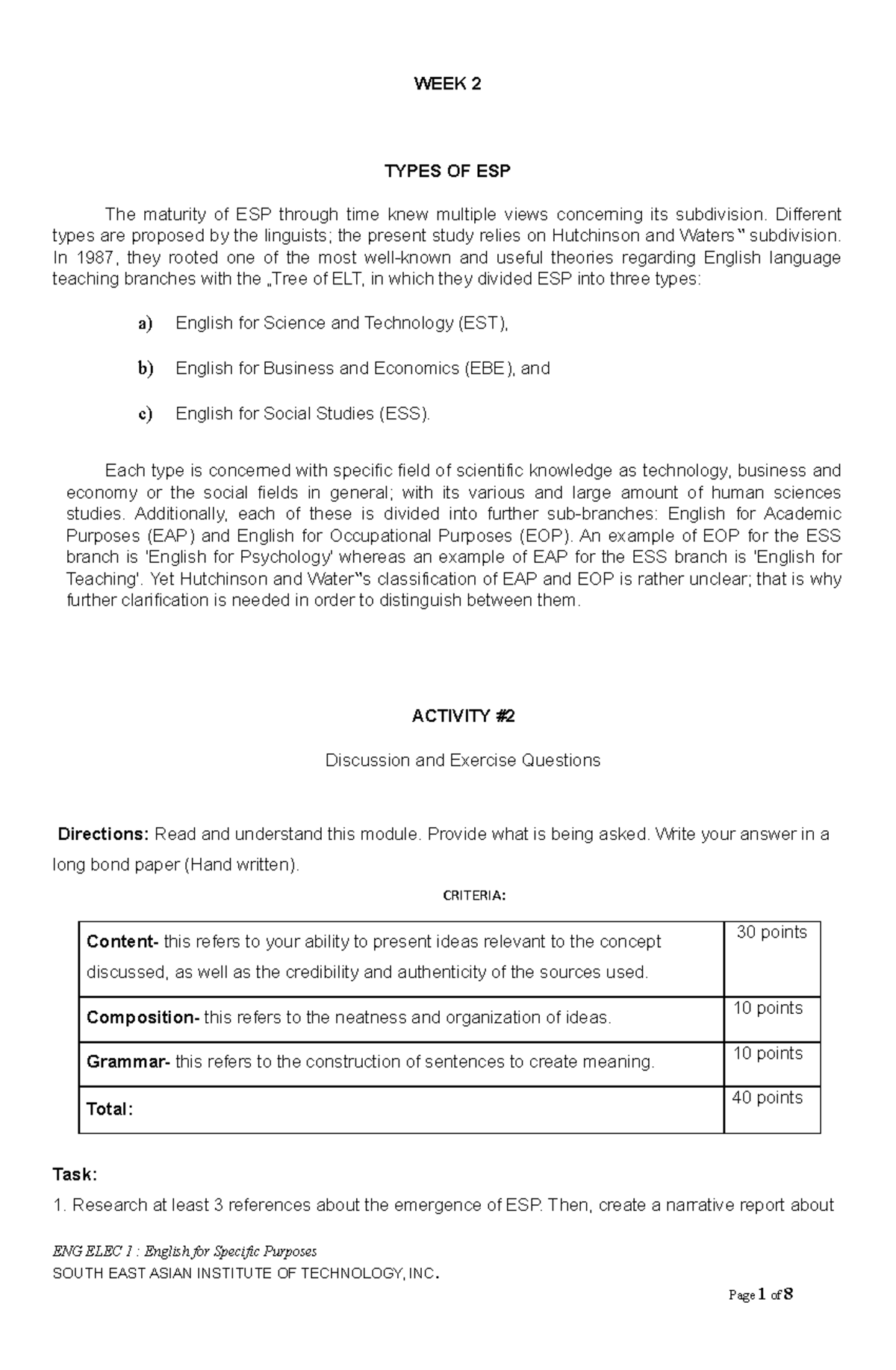 ESP Prelim - ENGLISH FOR SPECIFIC PURPOSES - WEEK 2 TYPES OF ESP The ...
