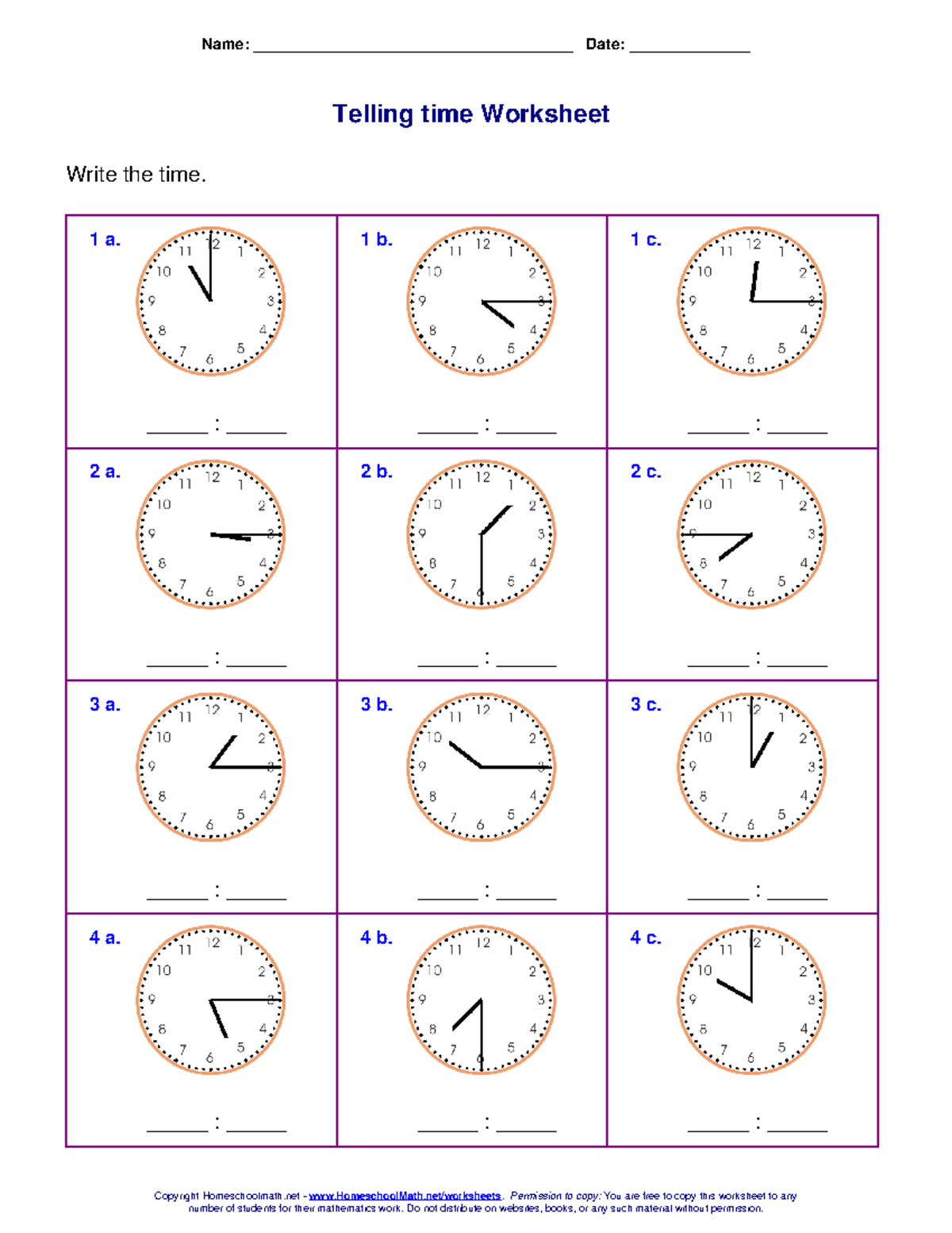 Telling Time Worksheet 2 - Name ...