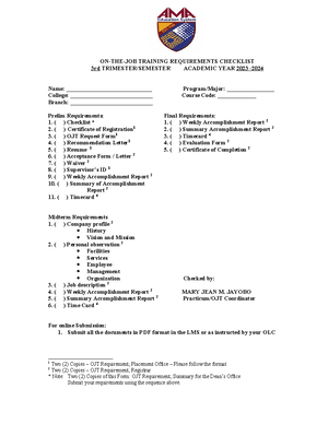 My OJT Experience - Example of OJT Requirement. - “My OJT Experience ...