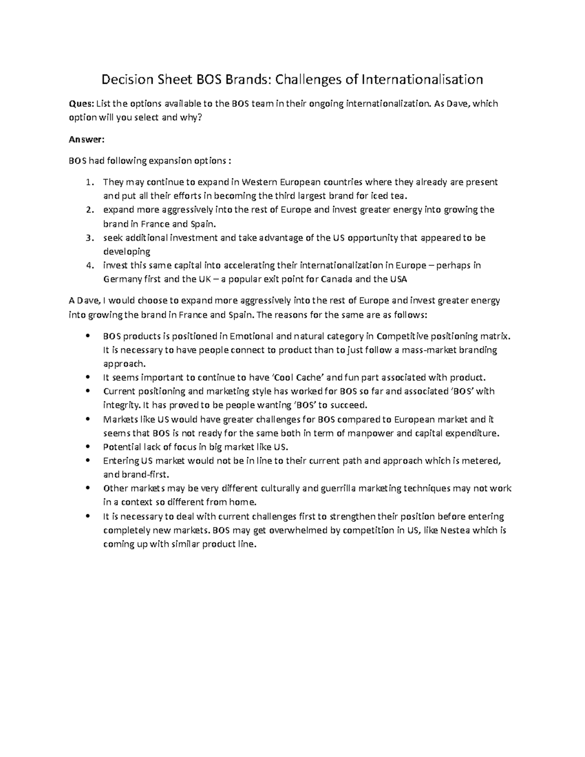 BOS Brand - Decision Sheet BOS Brands: Challenges of ...