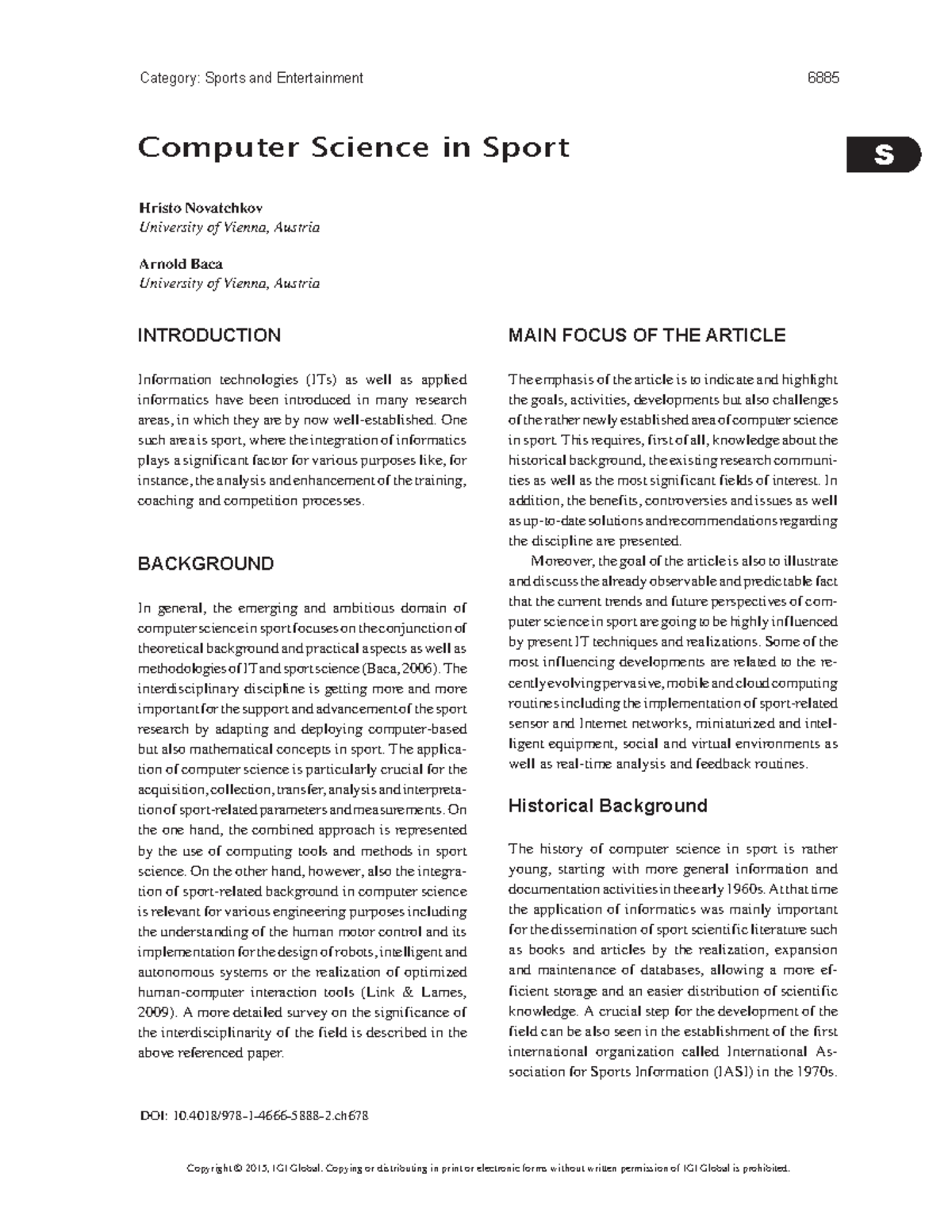 Computer Science in Sport - S 6885 Copyright © 2015, IGI Global ...