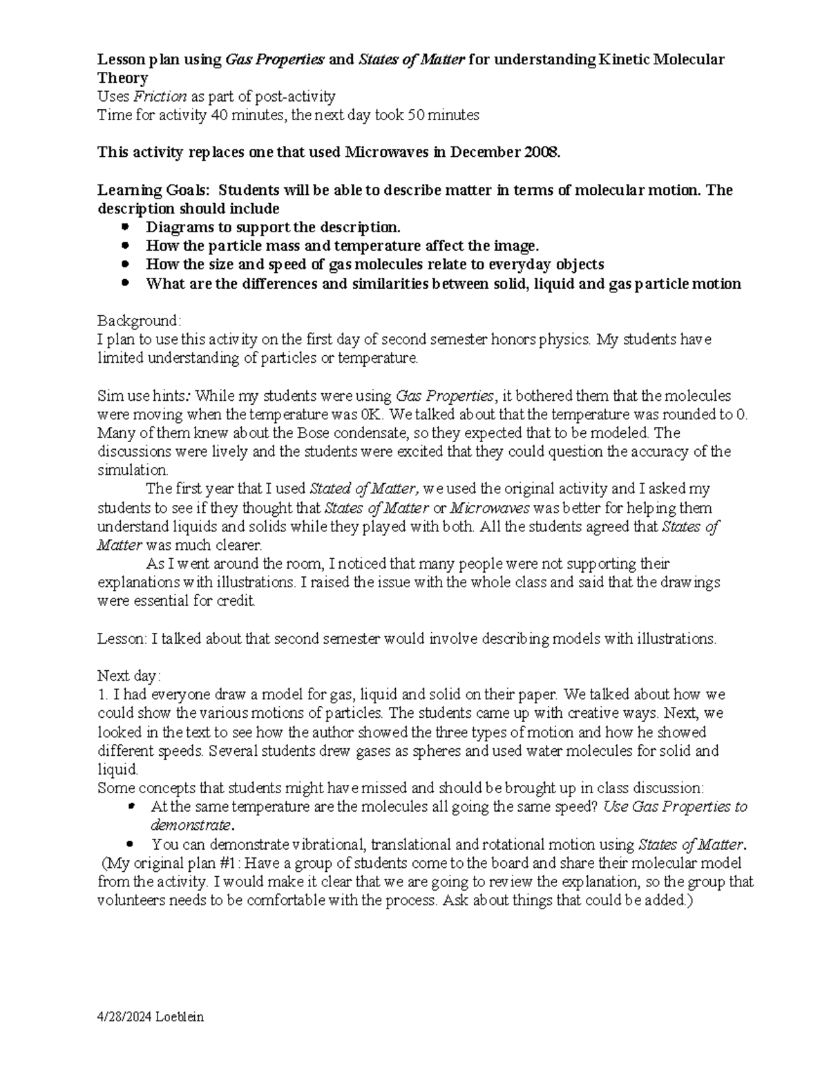 Lesson plan for understanding KMT - Lesson plan using Gas Properties ...