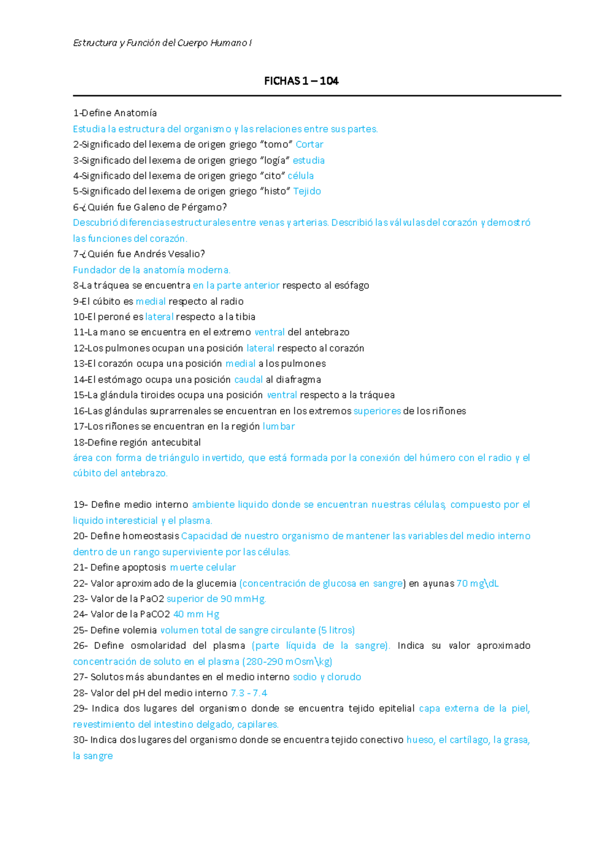 Estructura y Función del Cuerpo Humano I. Fichas 1-104. - FICHAS 1 ...