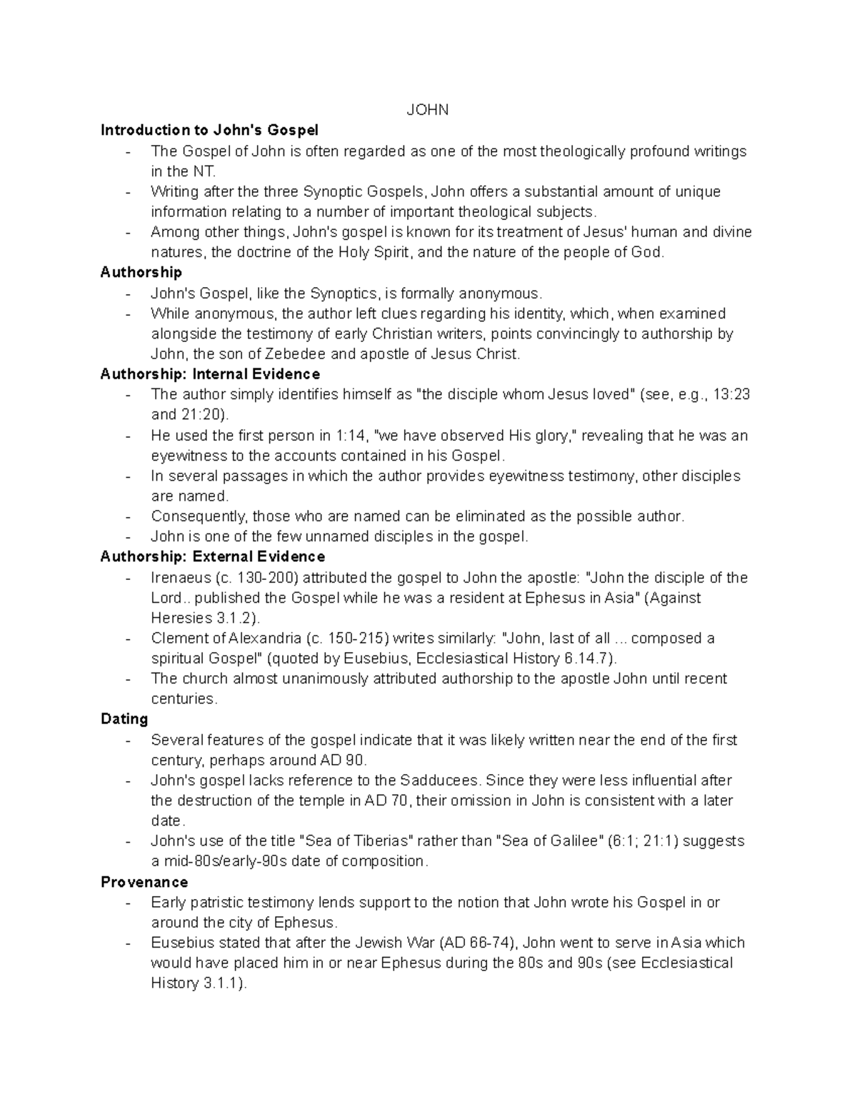 JOHN - typed class notes - JOHN Introduction to John's Gospel - The ...