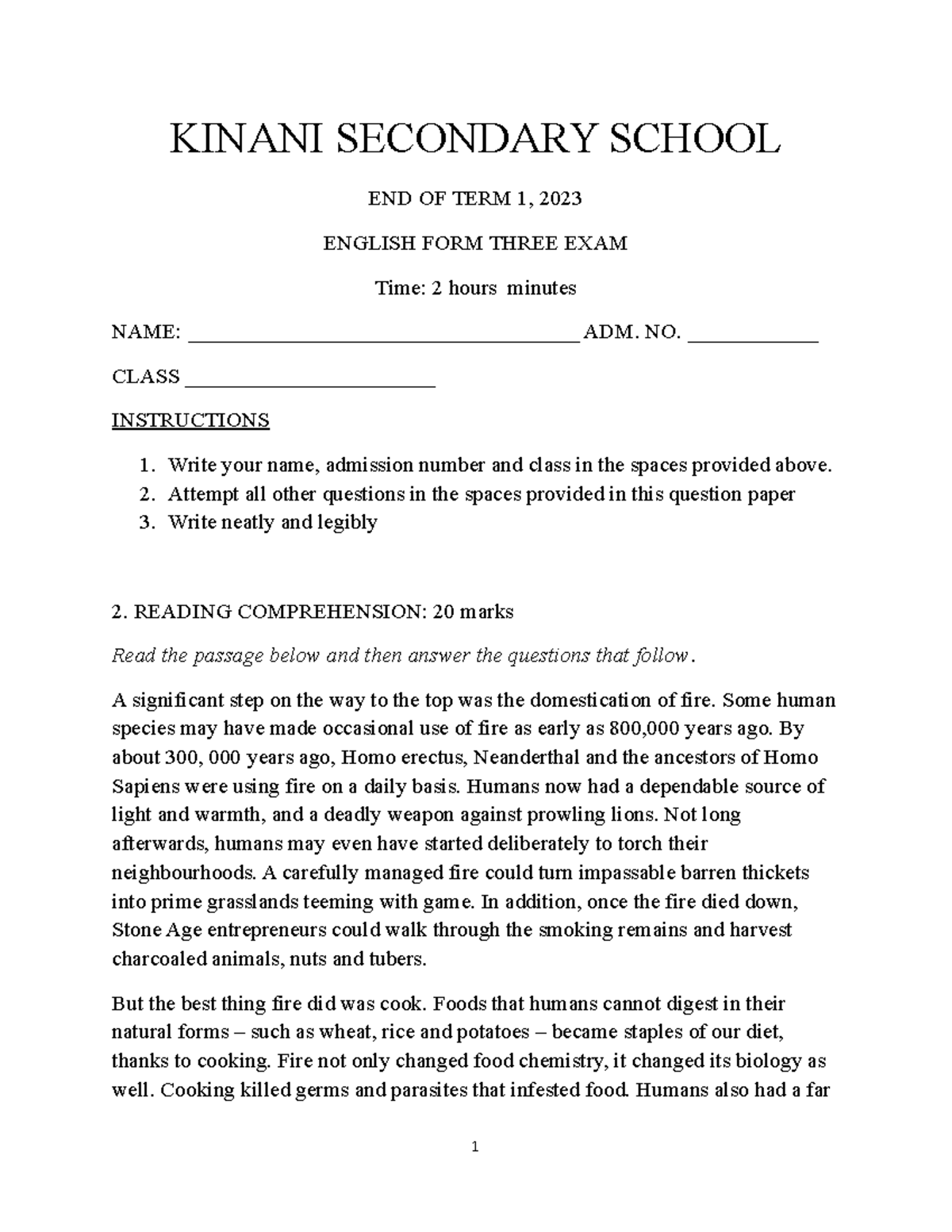 FORM 3 English EXAM 2023 - KINANI SECONDARY SCHOOL END OF TERM 1, 2023 ...