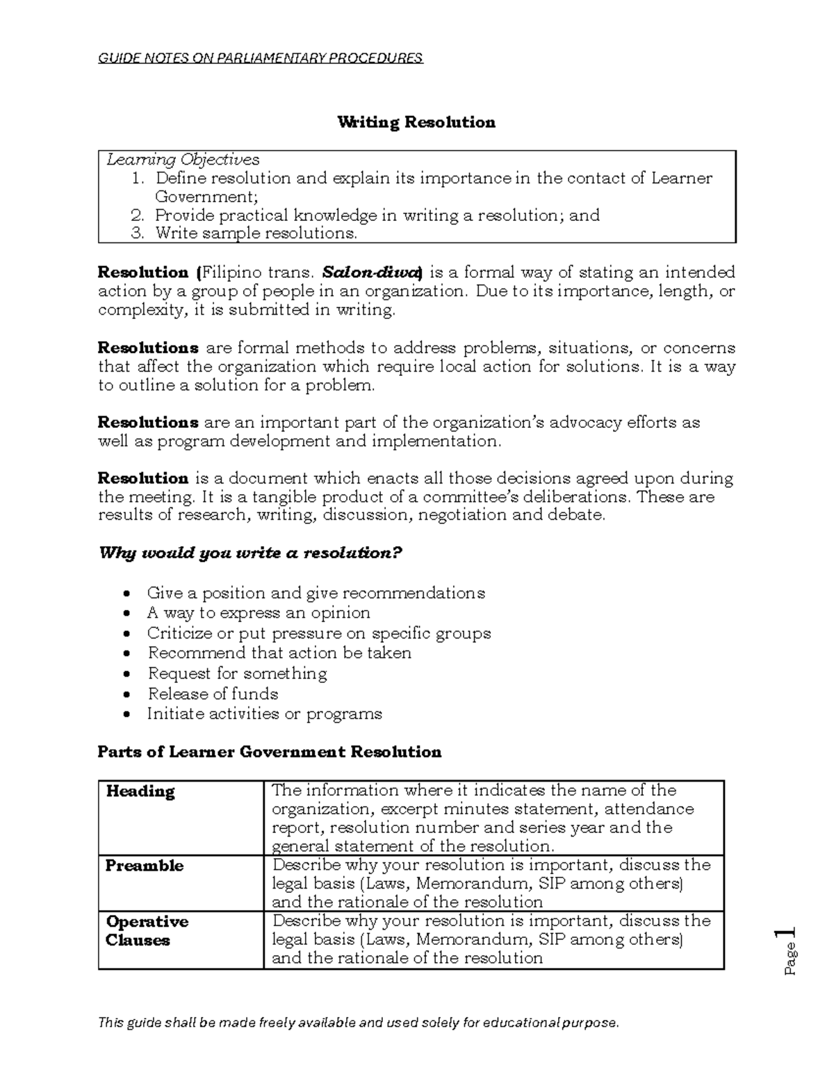 Writing Resolution and Minutes - Page 1 Writing Resolution Learning ...