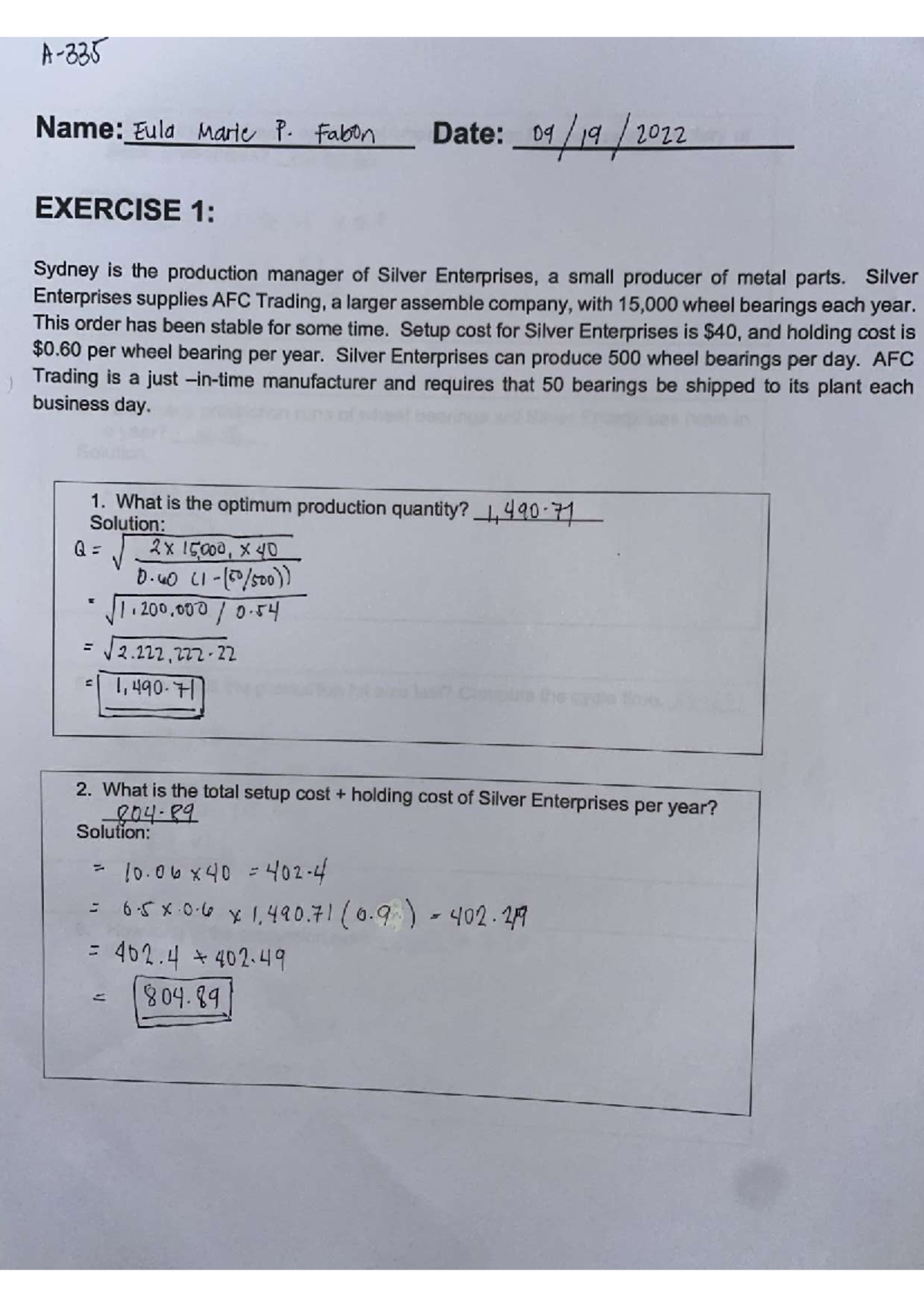 A-335 F a bon Exercise 2 Production LOT SIZE - Accountancy - Studocu