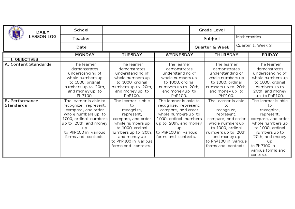 Q1-W3-MATH - BASIS FOR DAILY INSTRUCTION - DAILY LESSON LOG School ...