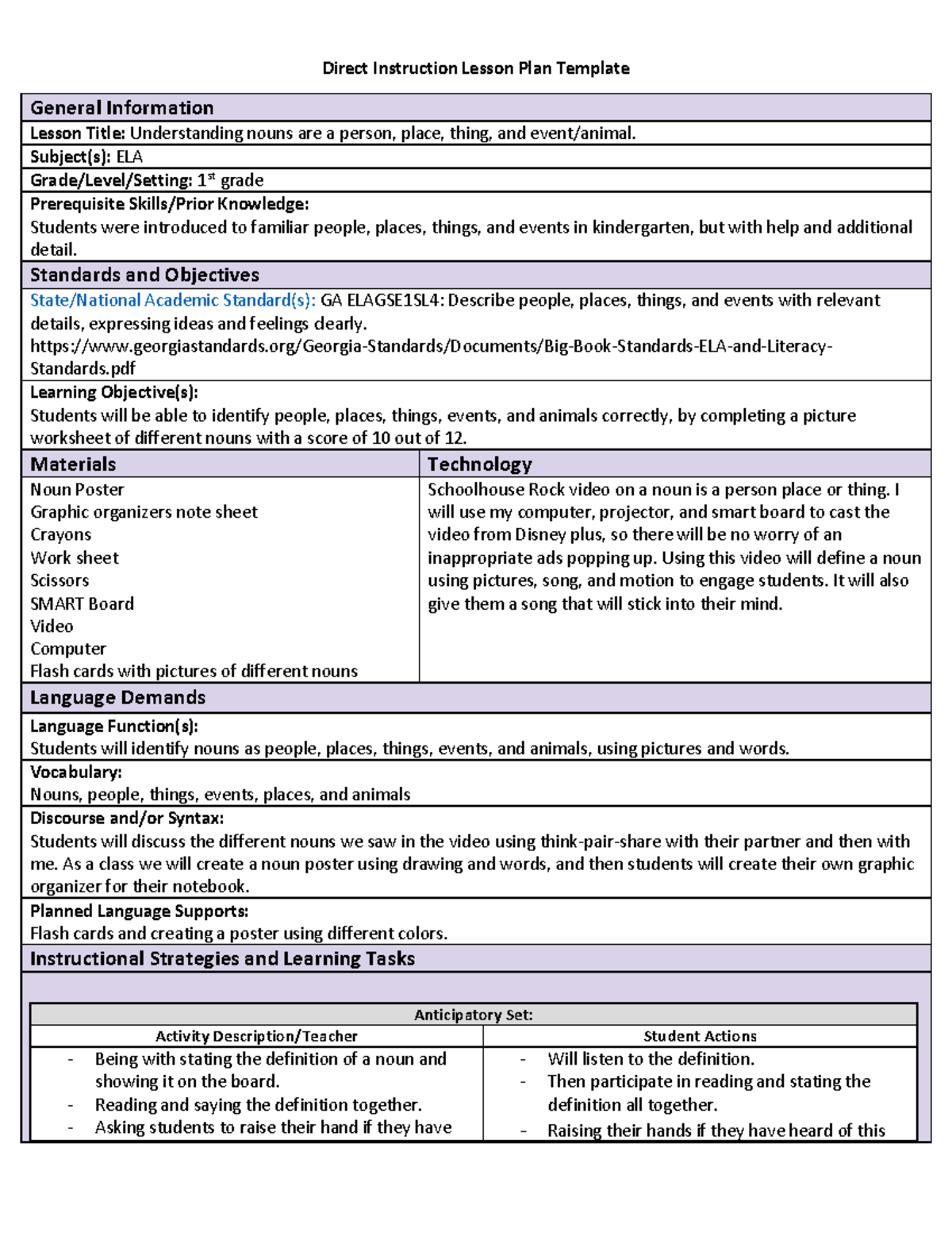 Managing learning environments task 2 lesson plan - Direct Instruction ...