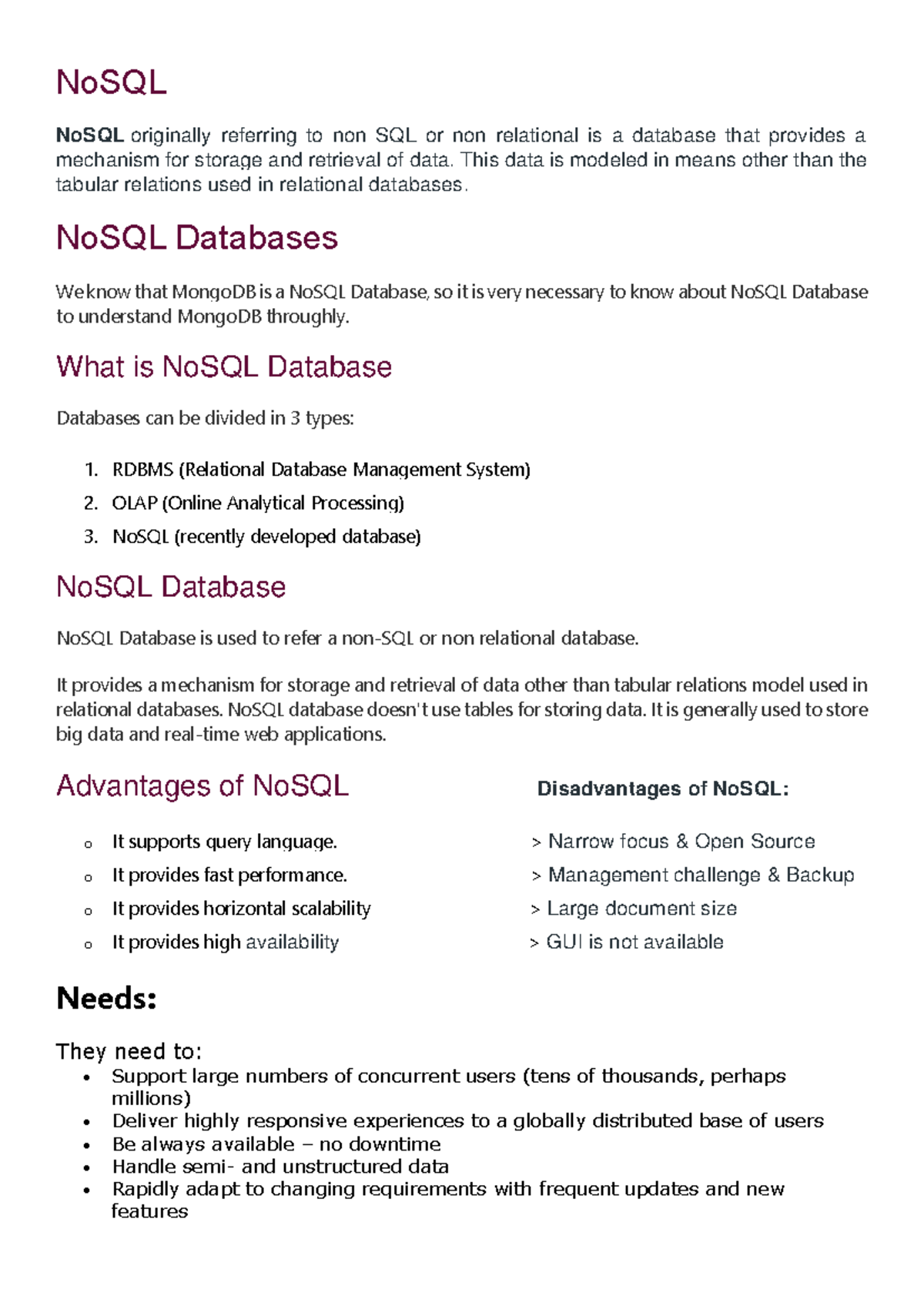Big data - ch 4 - Summary Big Data - NoSQL ####### NoSQL originally referring to non SQL or non ...