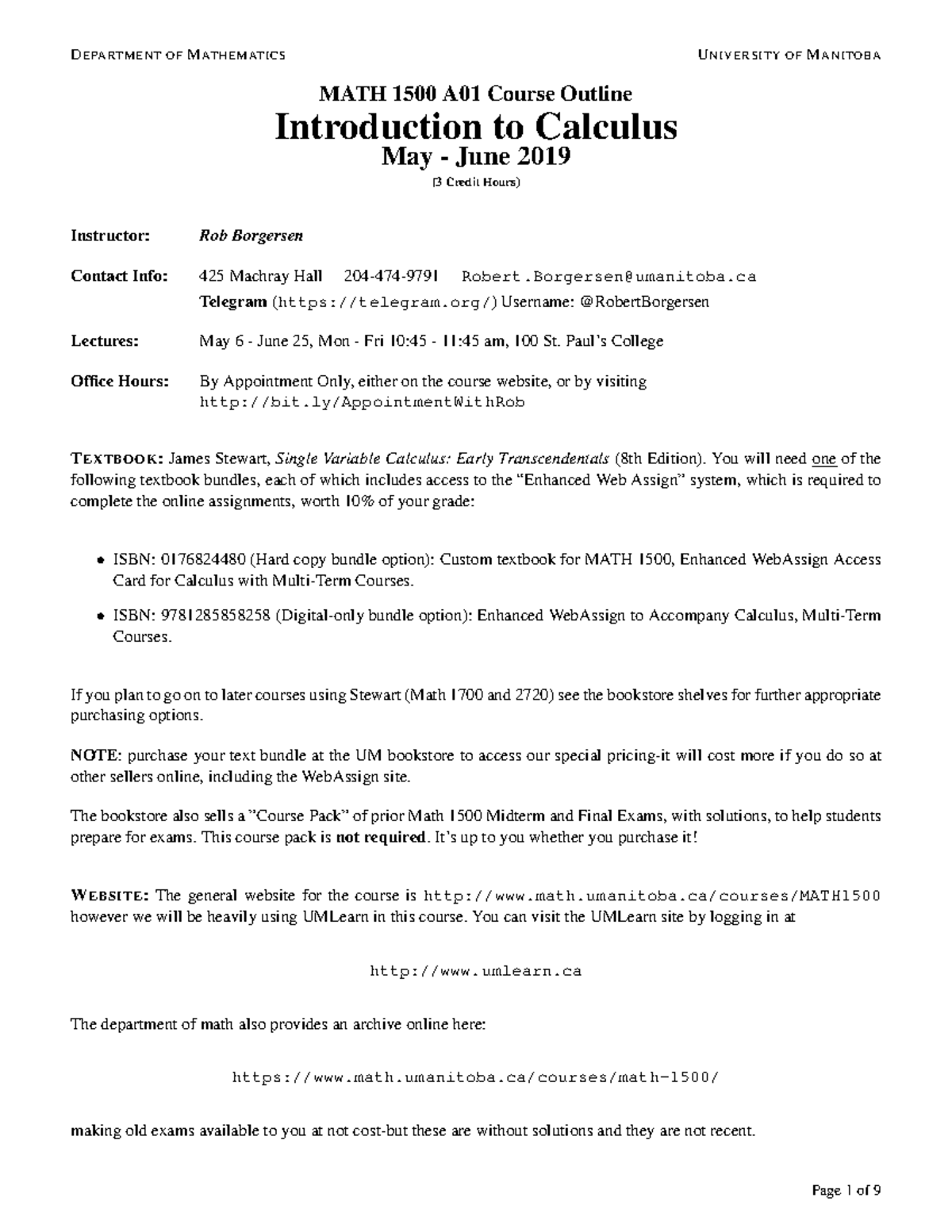 MATH1500-Syllabus - Course Syllabus - MATH 1500 A01 Course Outline ...