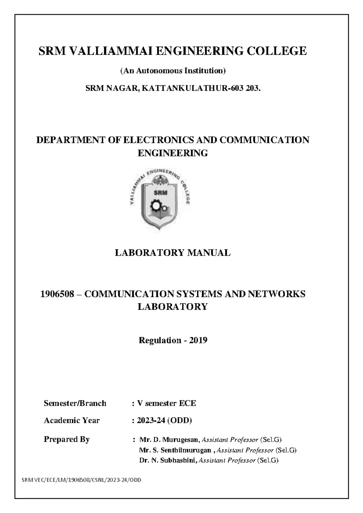 1906508 Communication Systems And Networks Lab Manual 2023 2024 Odd Srm Valliammai Engineering