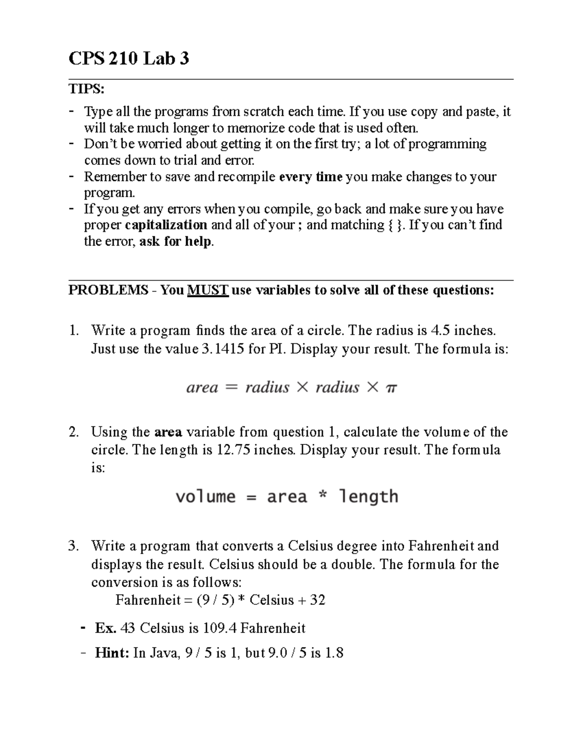 Lab 3 Lab 3 Cps 210 Lab 3 Tips Type All The Programs From Scratch Each Time If You Use 