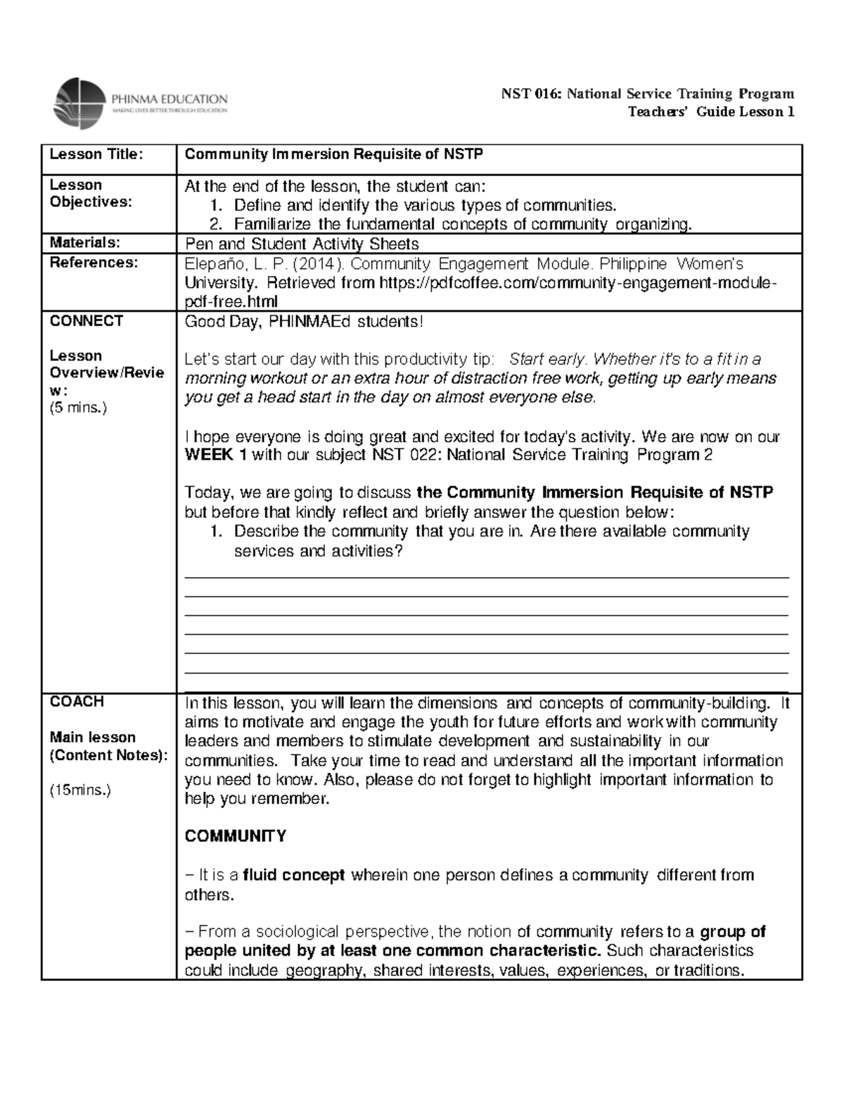 TG 1 Community Immersion Requisite OF NSTP - Teachers’ Guide Lesson 1 ...