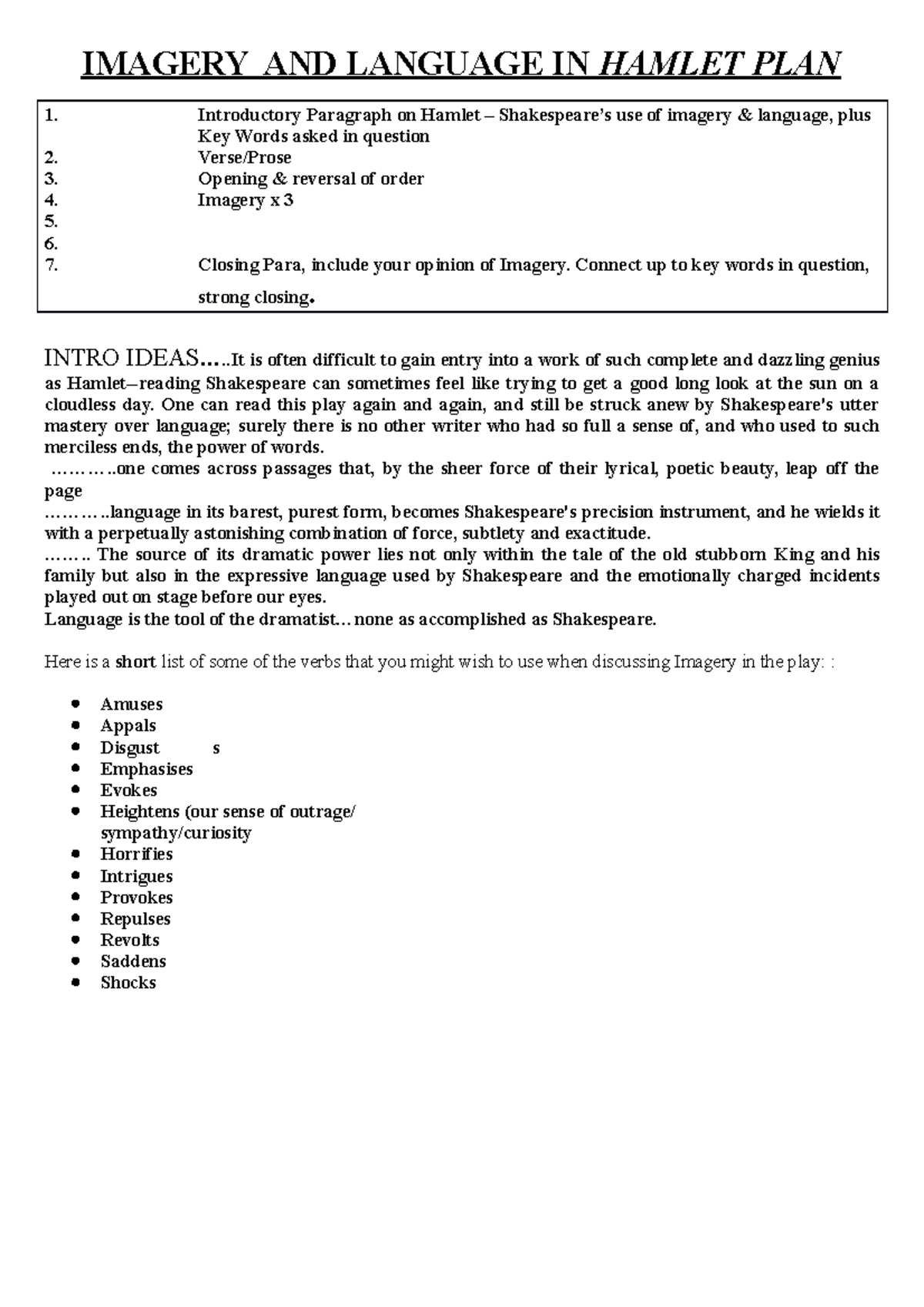 Imagery and Language Essay - IMAGERY AND LANGUAGE IN HAMLET PLAN 1 ...
