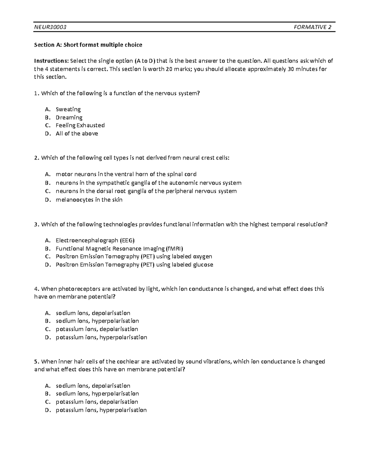 Practice test - Section A: Short format multiple choice Instructions ...