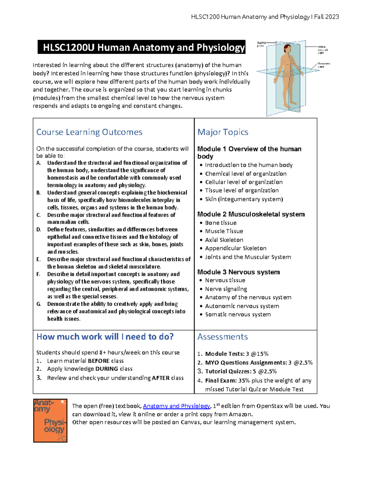 HLSC1200 Course outline Fall 2023 - HLSC1200U Human Anatomy and ...
