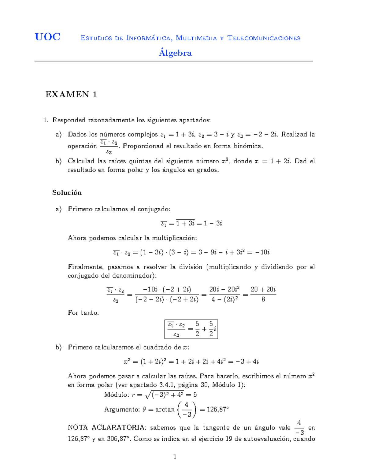 Algebra Examen 1 IB - UOC Estudios de Informatica, Multimedia y ...