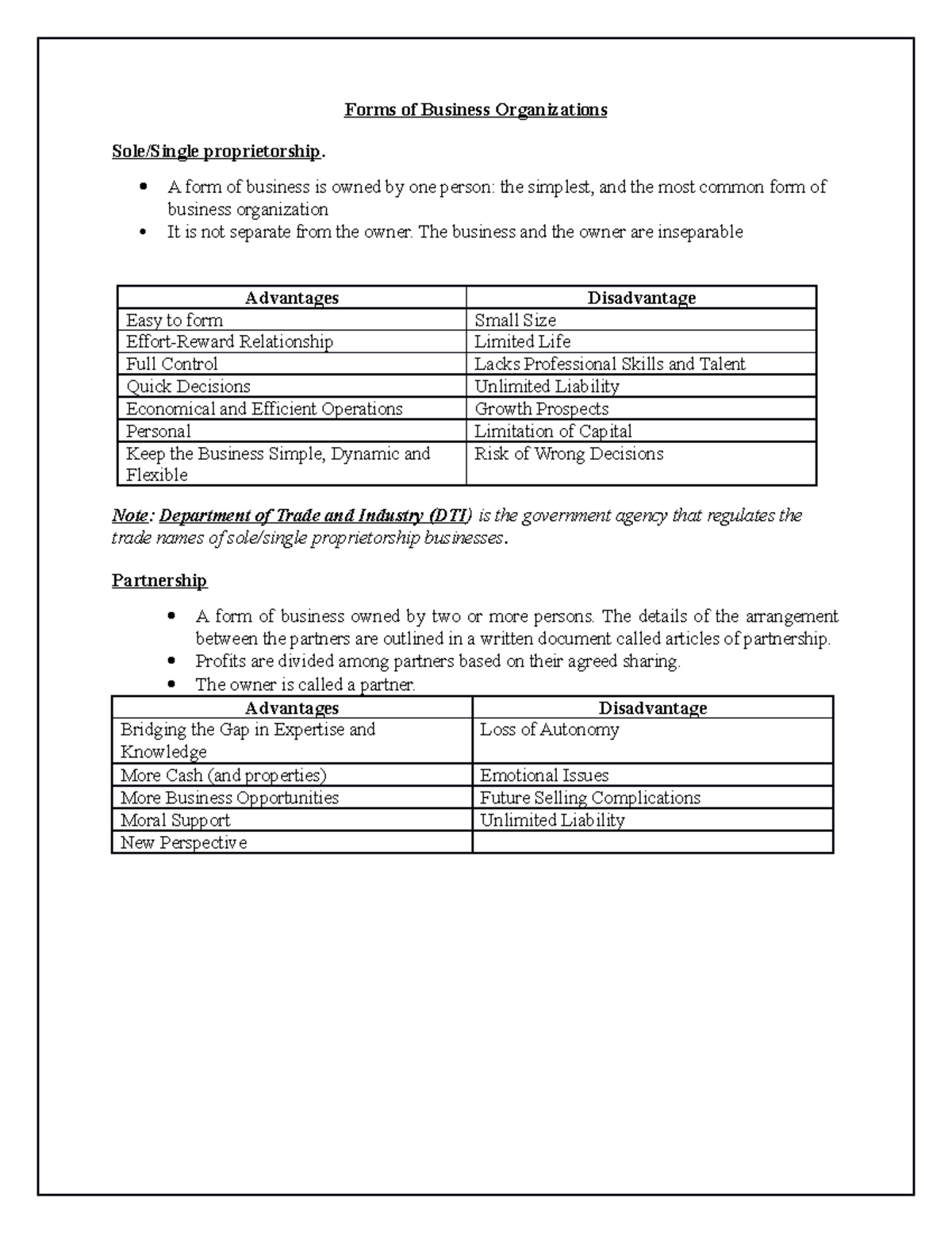 Forms-Types-Principle - Forms of Business Organizations Sole/Single ...