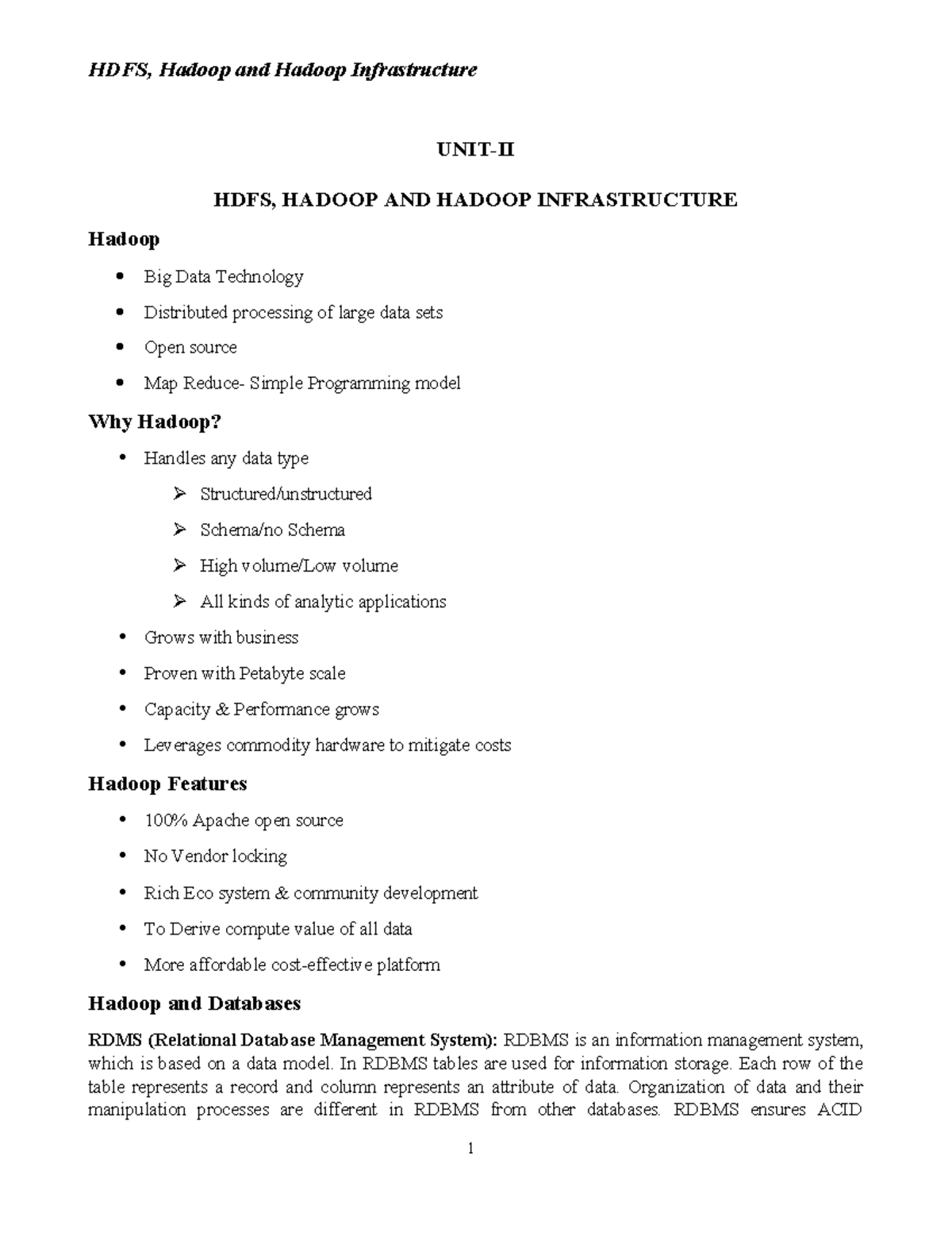 Big Data Unit-II Notes - UNIT-II HDFS, HADOOP AND HADOOP INFRASTRUCTURE ...