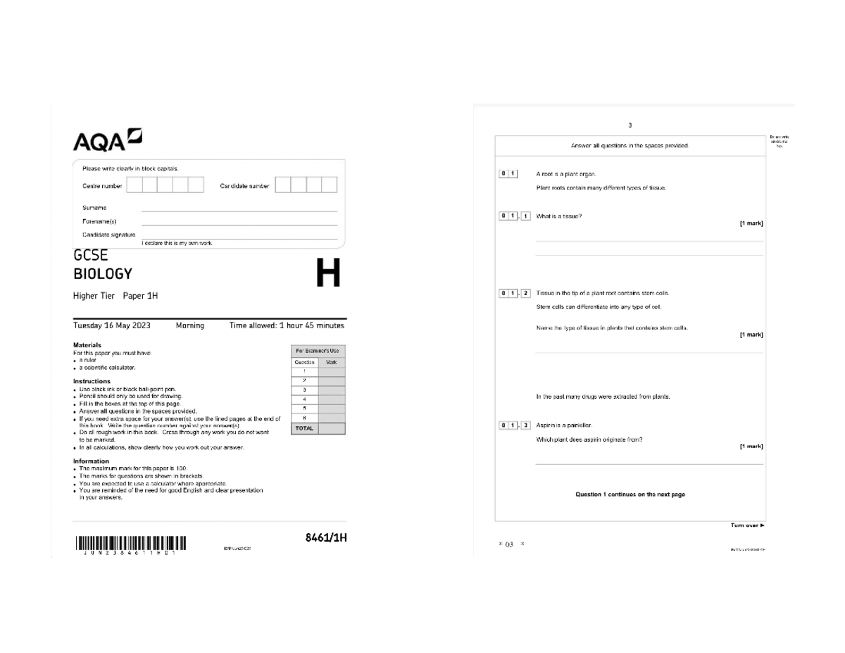 Biology 1H 2023 june - Good luck with your exam - Studocu