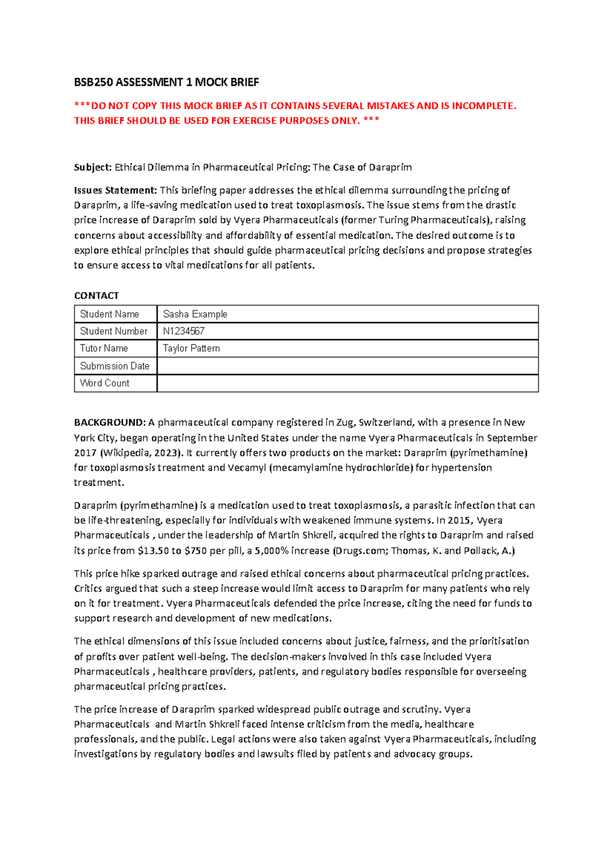 T4 BSB250 A1 Mock Brief Marking Exersice - BSB250 ASSESSMENT 1 MOCK ...