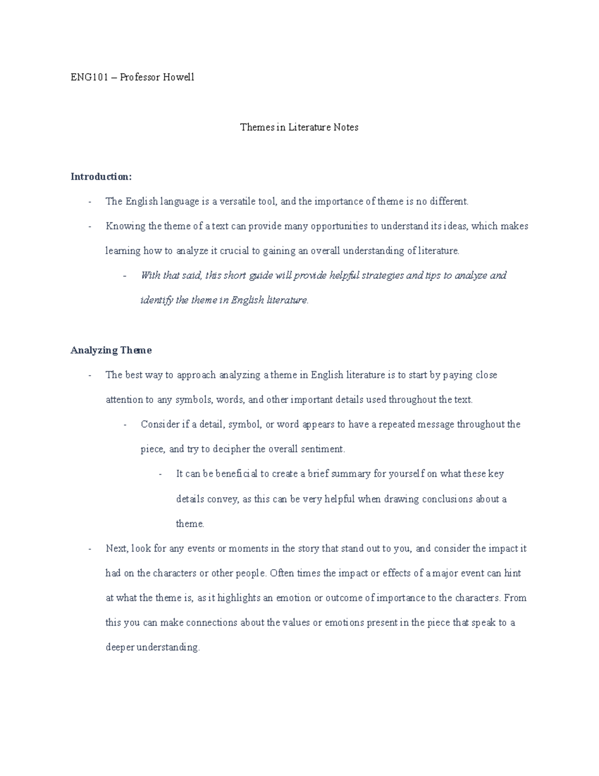 ENG101 Theme Notes - ENG101 – Professor Howell Themes in Literature ...
