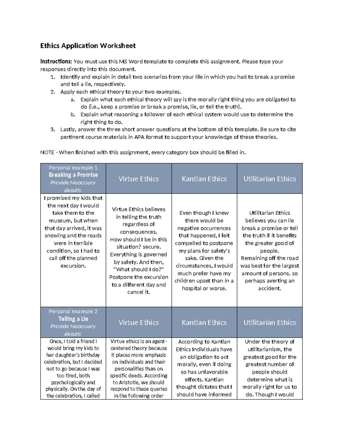 Ethics Application Worksheet - Ethics Application Worksheet ...