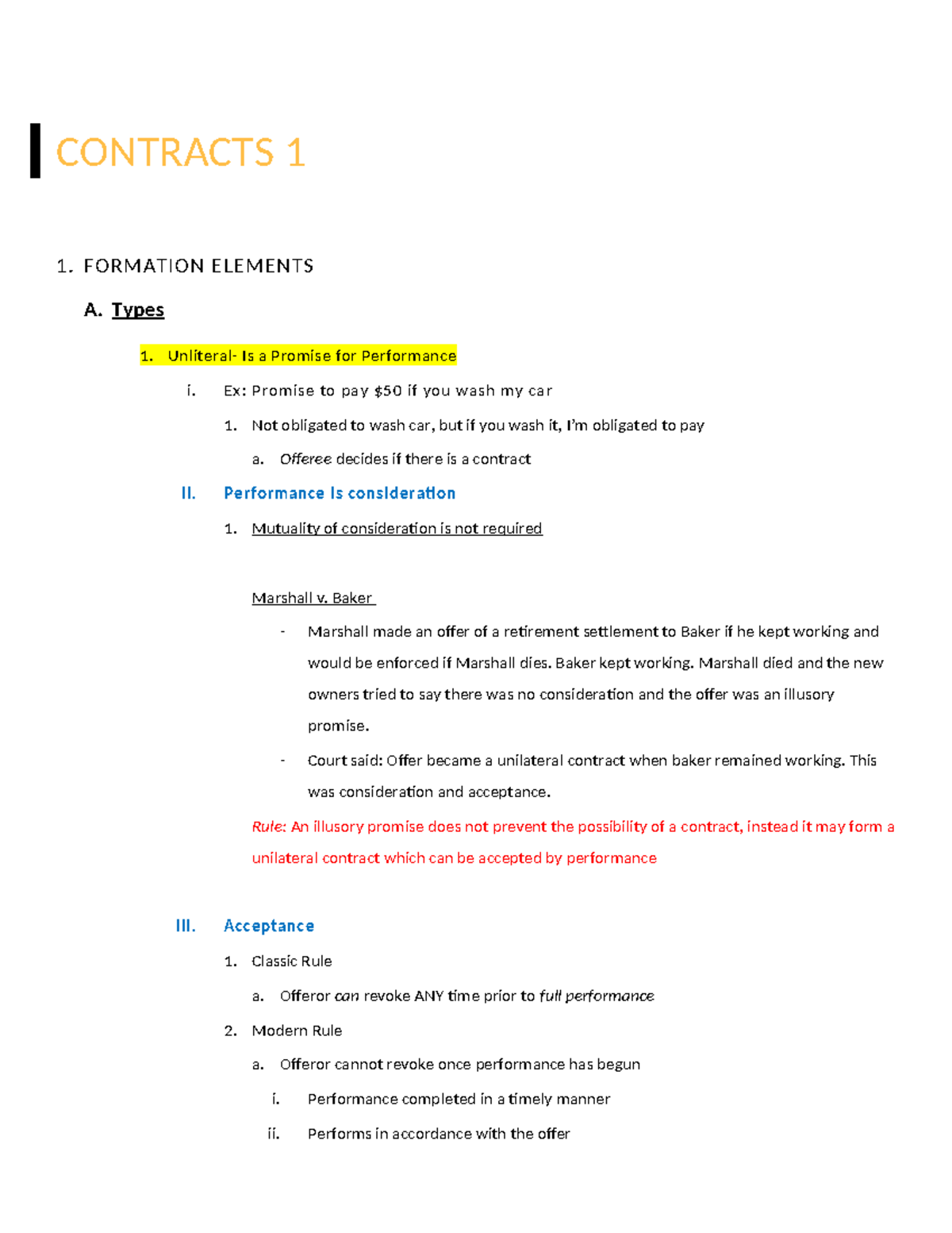 Contracts 1 Outline - CONTRACTS 1 1. FORMATION ELEMENTS A. Types 1 ...