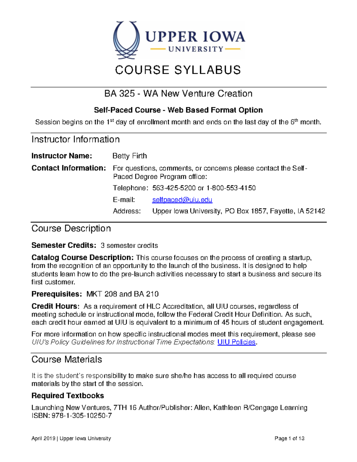 BA325 New Venture Creation Betty Firth - COURSE SYLLABUS BA 325 - WA ...