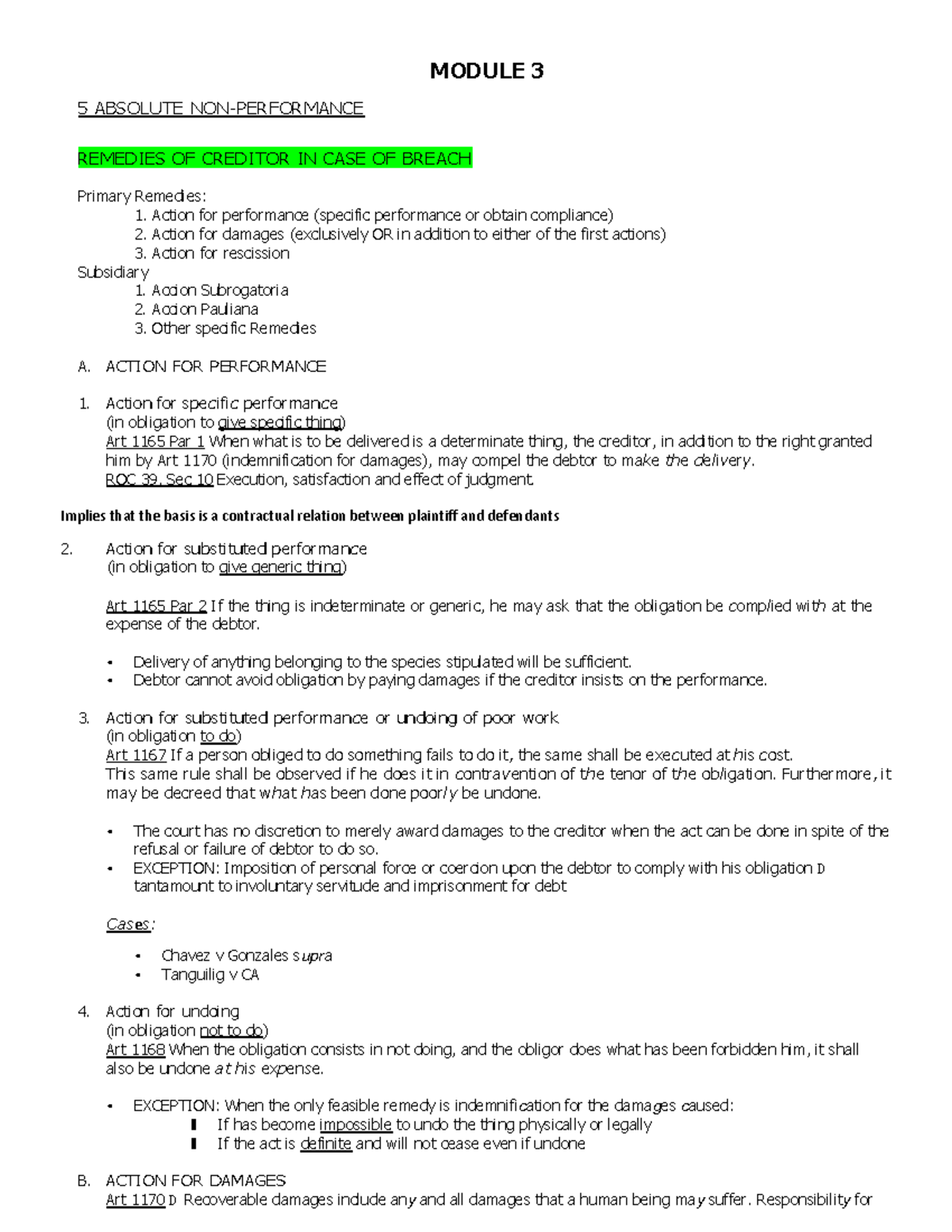 Law on obligations and contracts - module 3 - MODULE 3 5 ABSOLUTE NON-PERFORMANCE REMEDIES OF ...