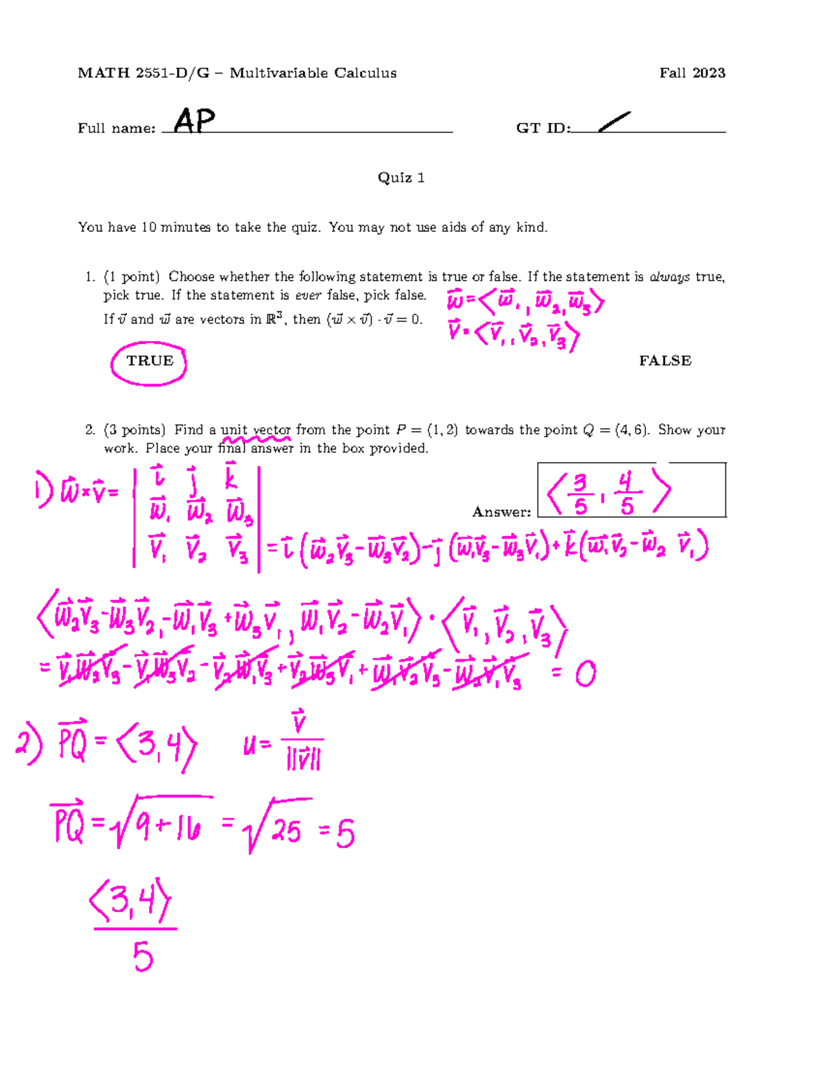 Quiz 1 - MATH 2551 - Quiz 1 Answers - MATH 2551-D/G – Multivariable Calculus Fall 2023 Full name ...